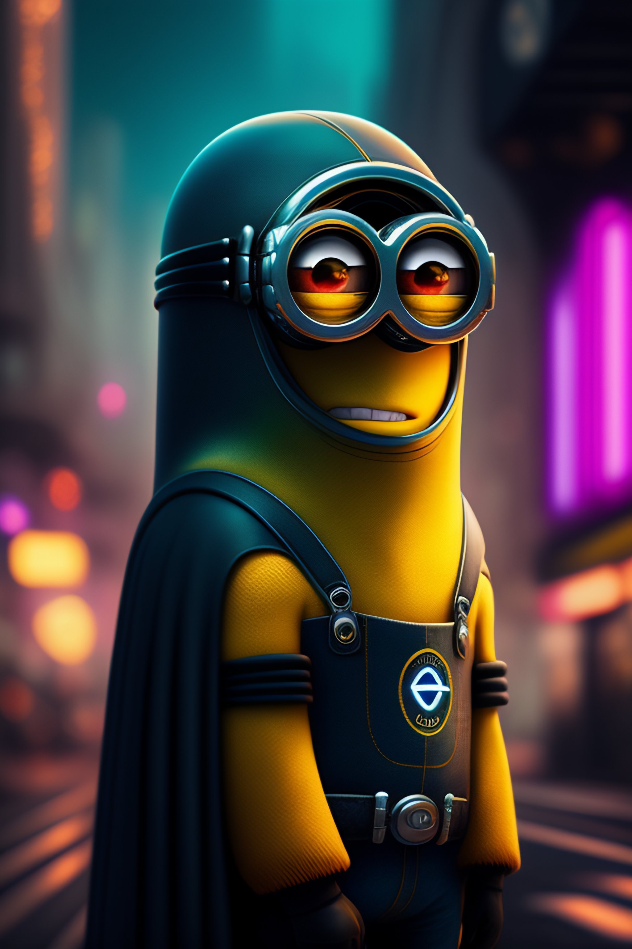 Lexica - Minion in cape in cyberpunk city