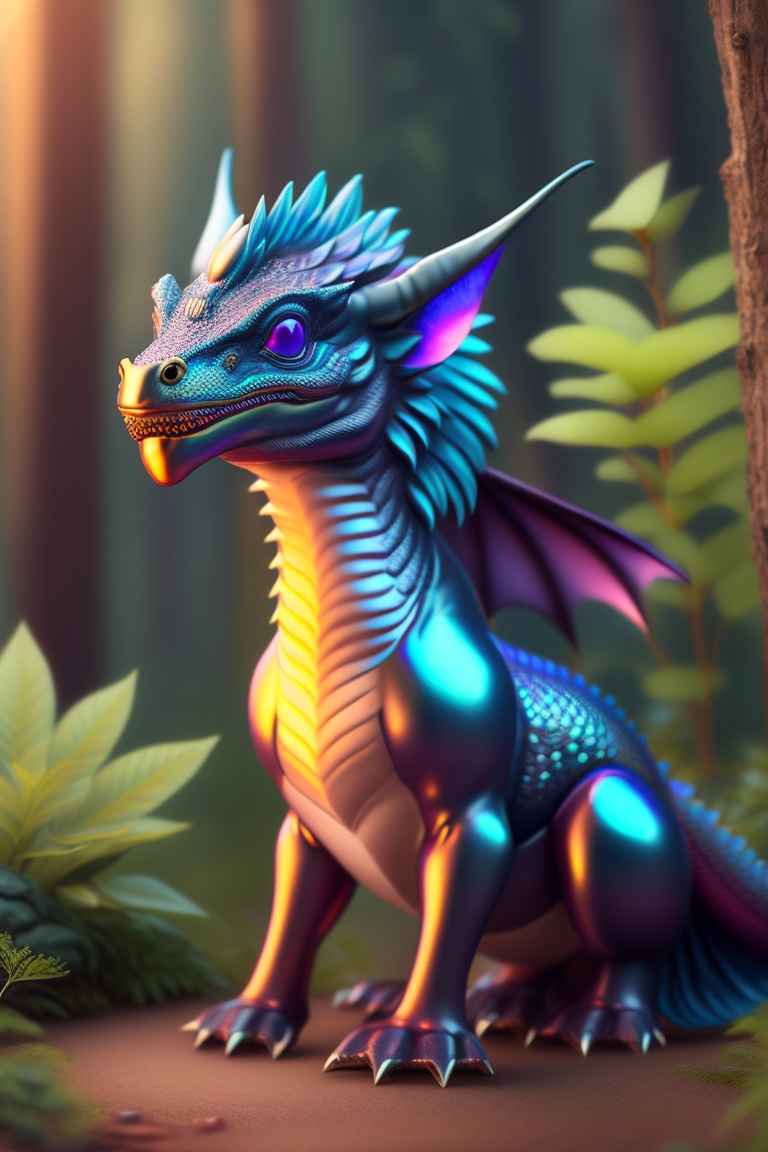 Lexica - Small, kind dragon in the forest, iridescent metal color ...