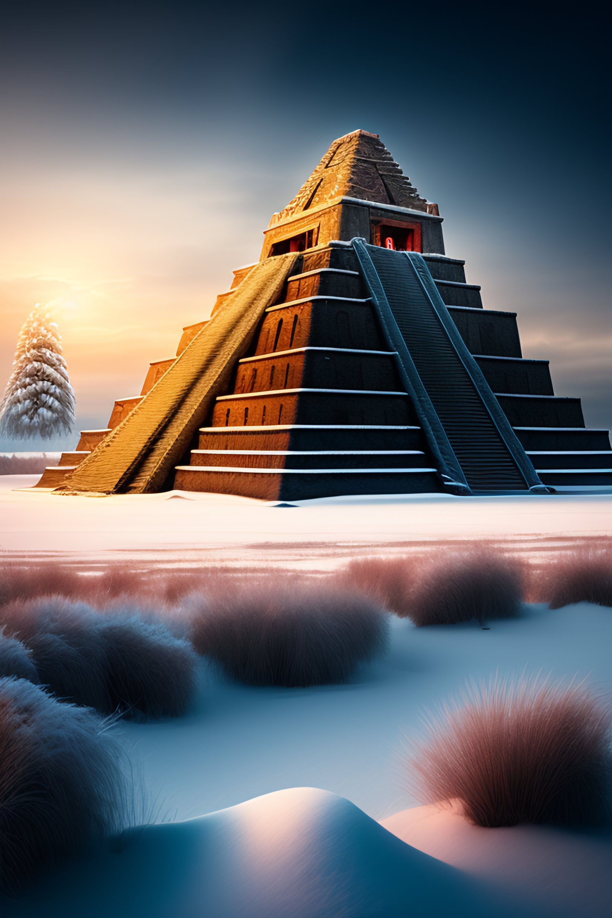 Lexica - Ancient Aztec pyramid in the snow realistic clowdy day photo