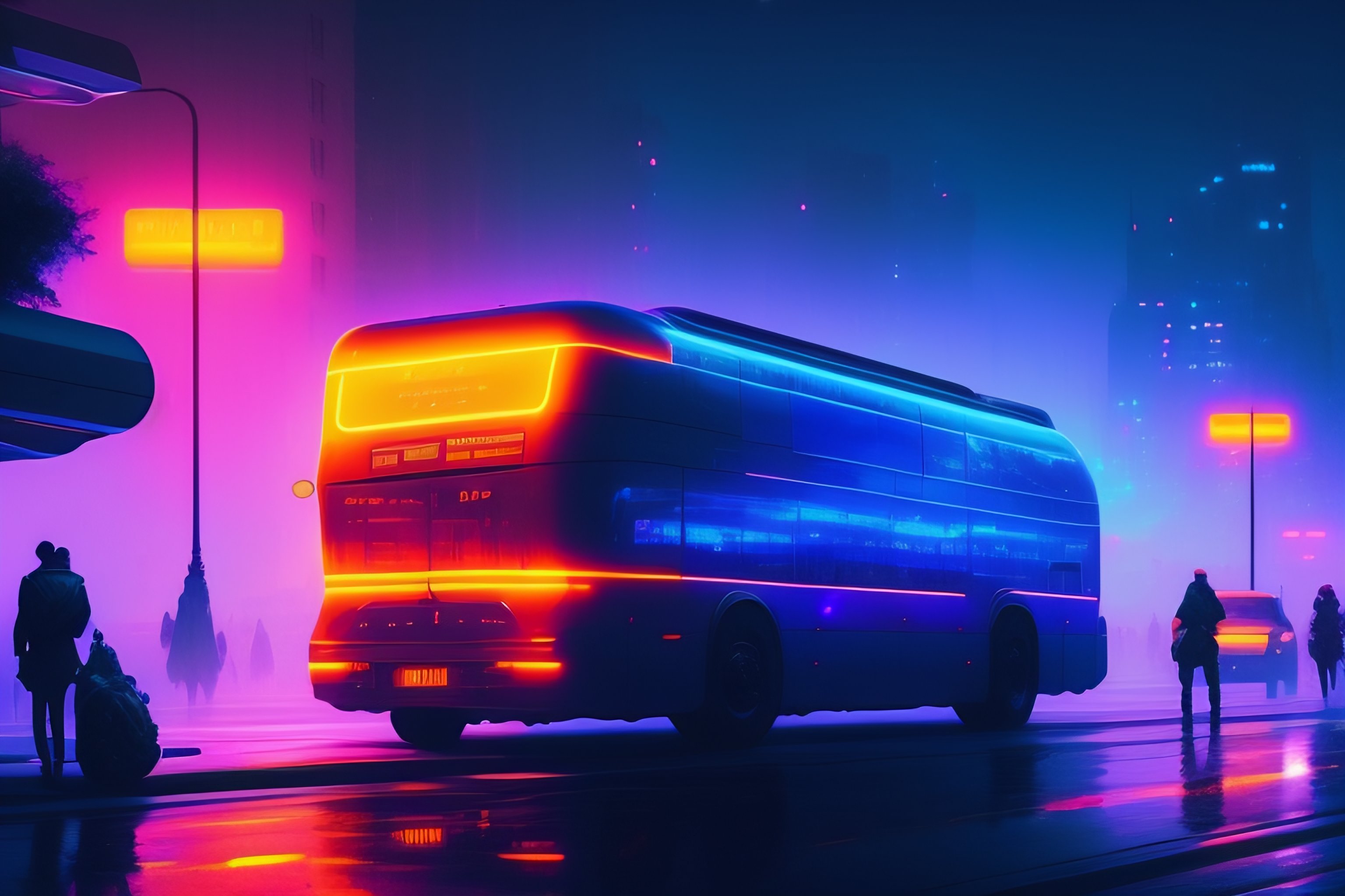 Lexica - A bus full of passengers is driving through a dark, foggy city ...