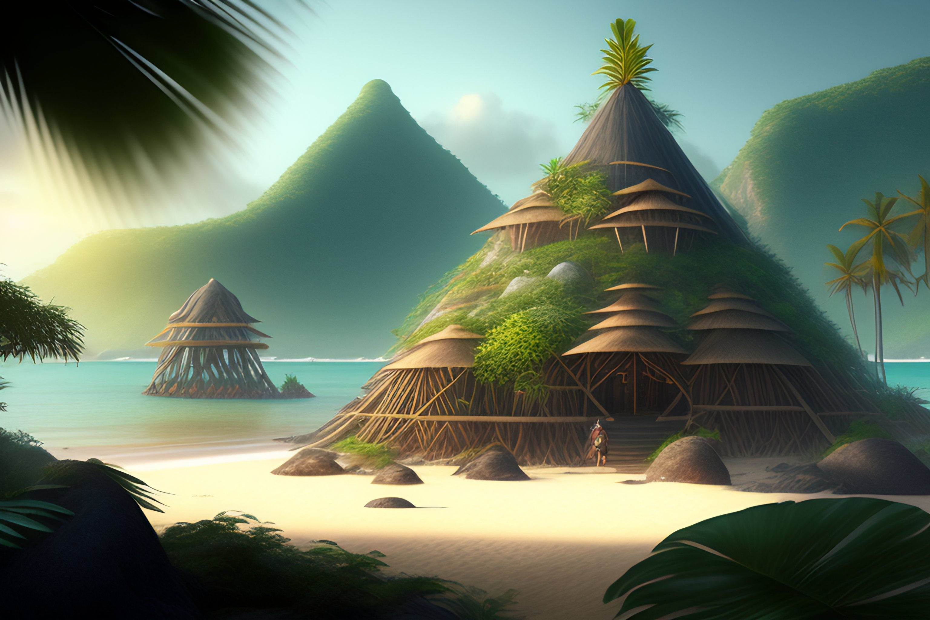 Lexica - Giant elven amerindian hut bamboo on tropical island beach ...