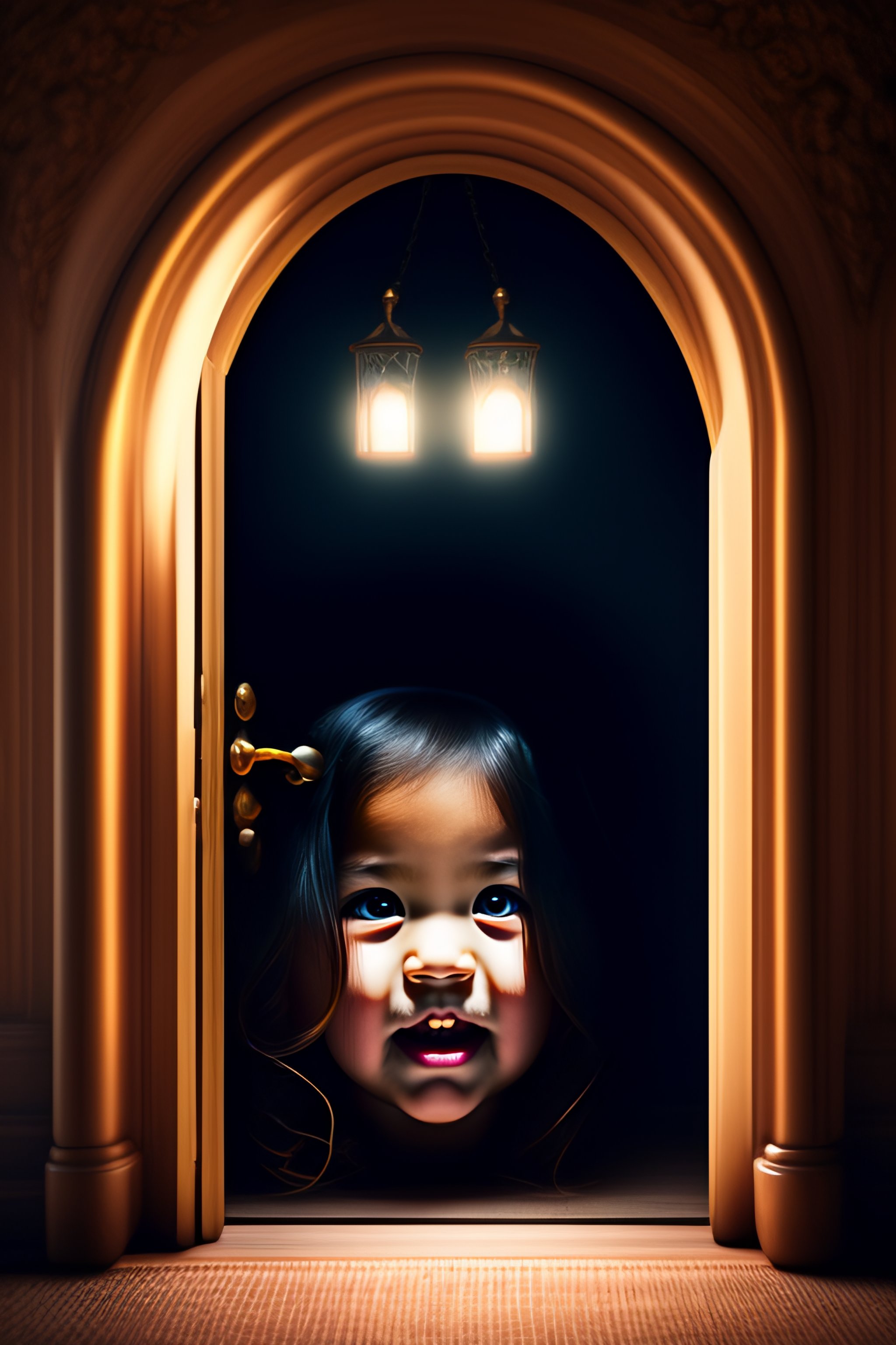 Lexica - Creepy creature sneaking through the doorway, with a head with ...