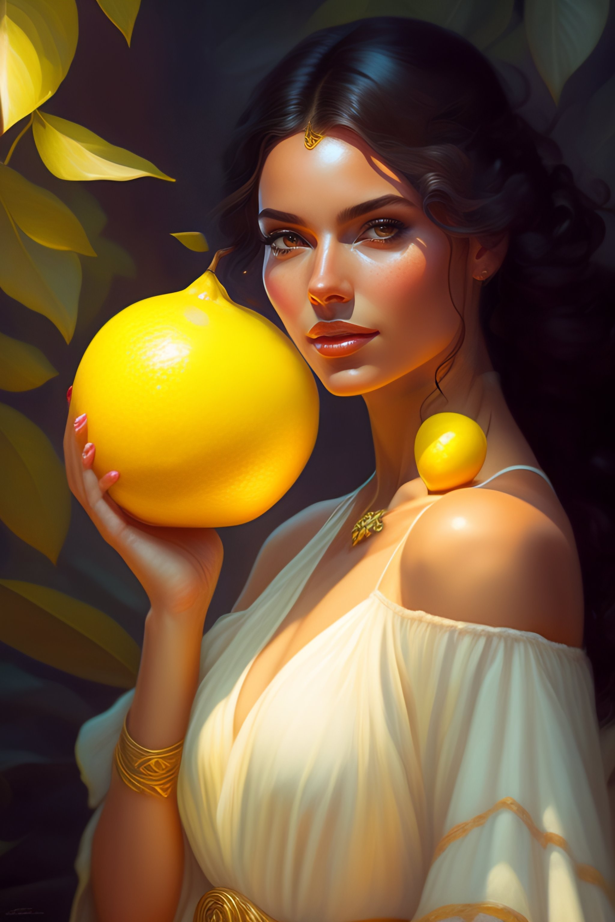 Lexica - Woman holding a small lemon, lemons everywhere, highly detailed, digital painting ...