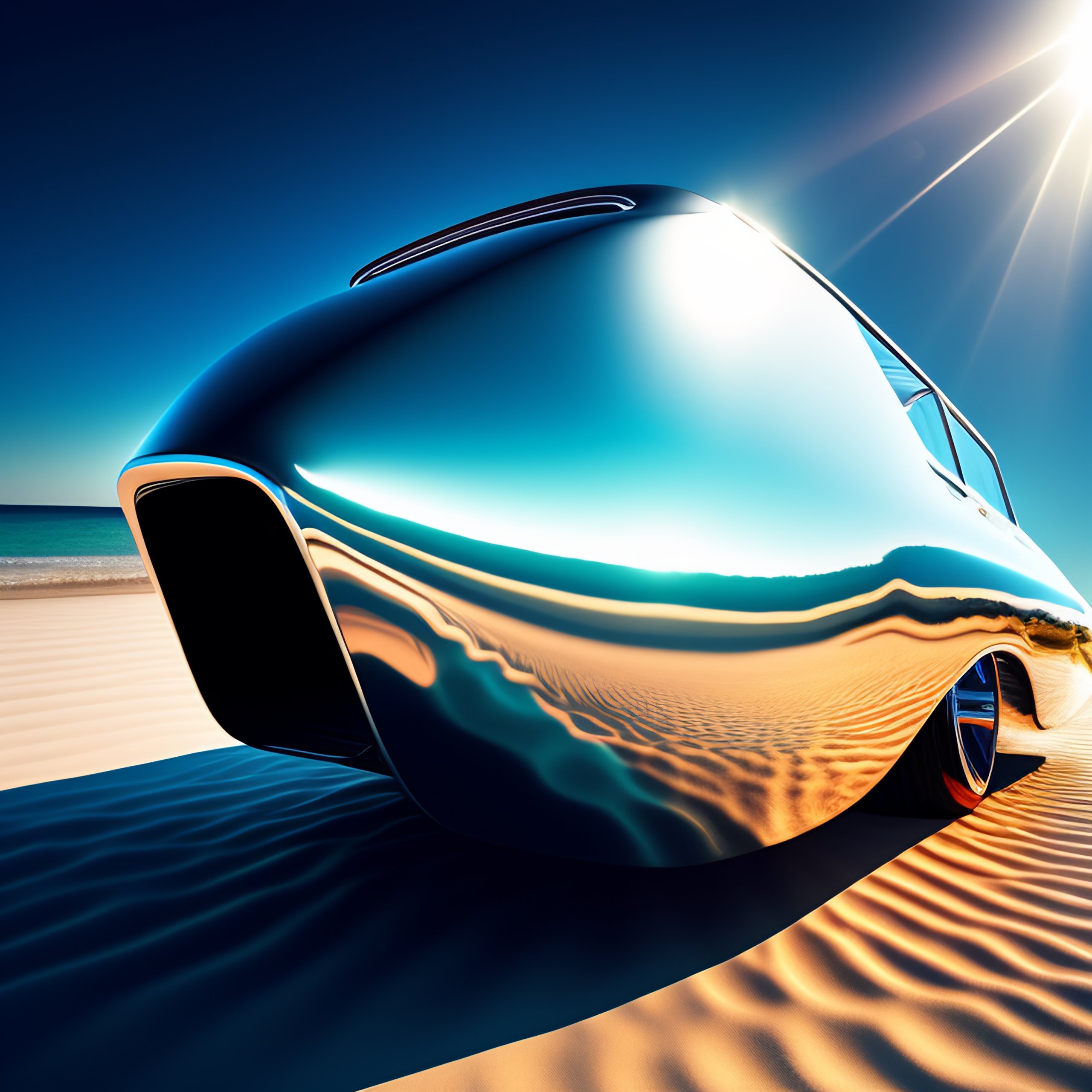 Lexica - Close up shot of the back of a chrome metal car, ocean ...