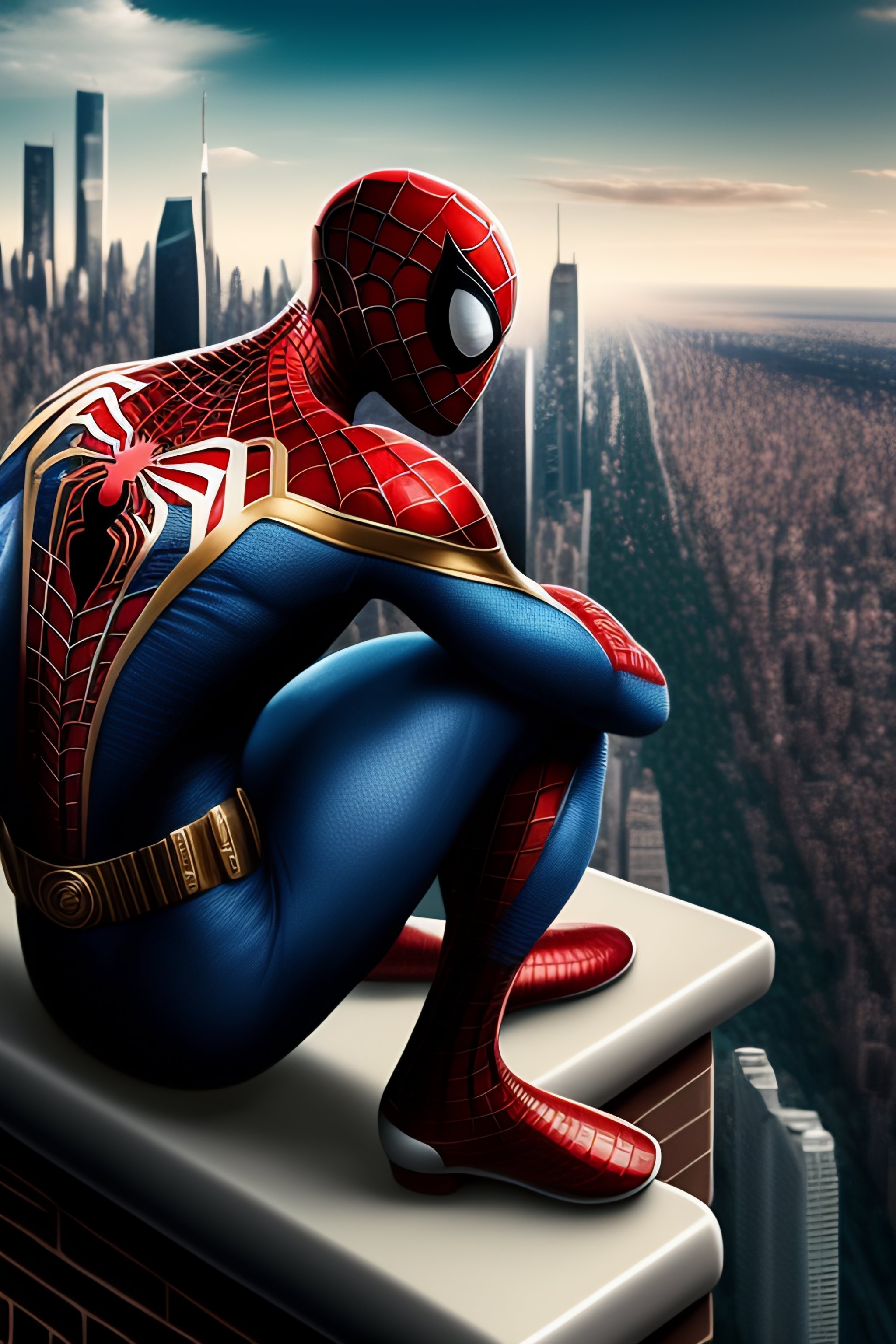 Lexica - “ spiderman sitting on a roof looking down at a city below ...
