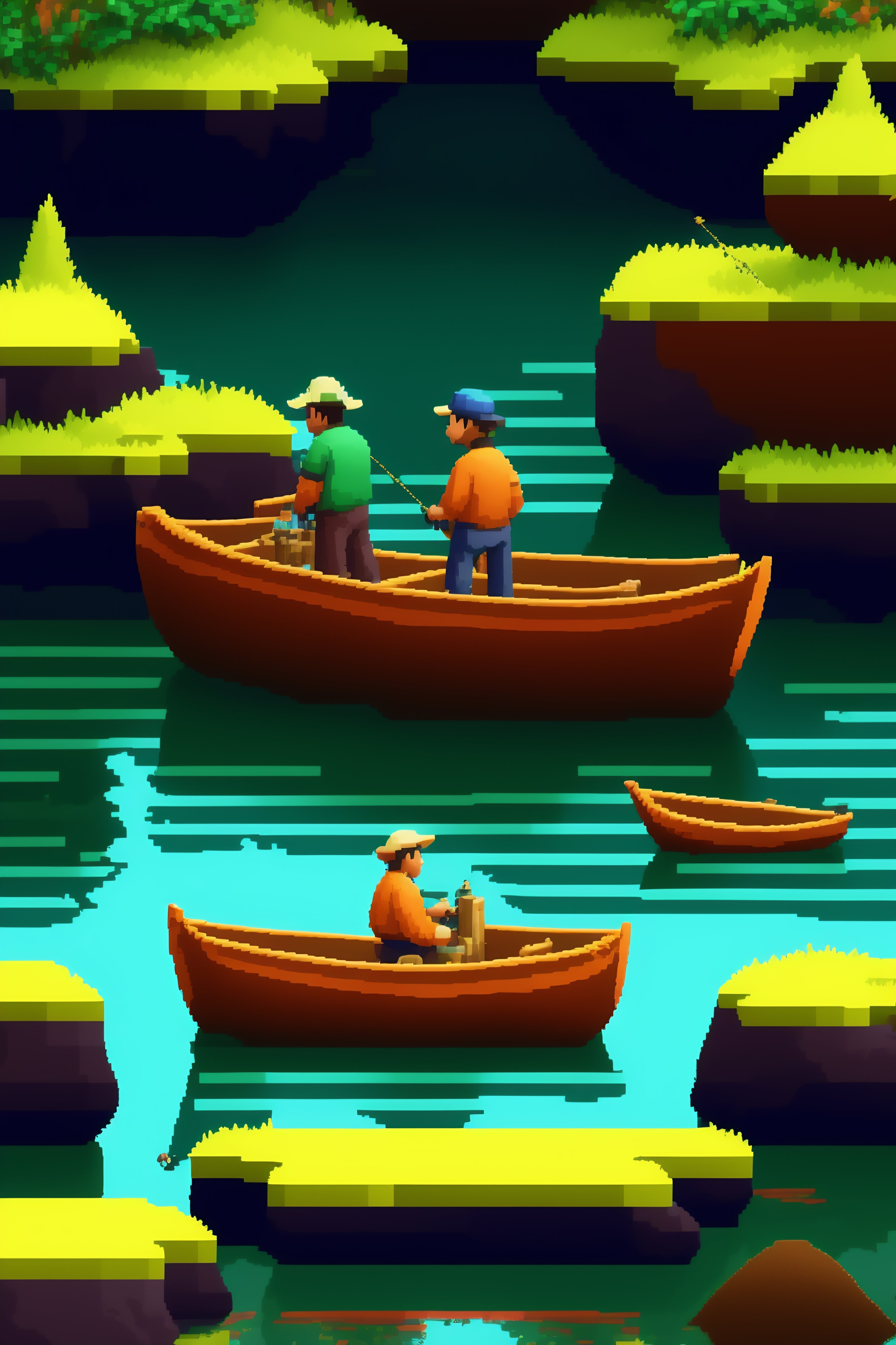 Lexica - Three friends in a fishing boat with fishing roads in a hidden ...