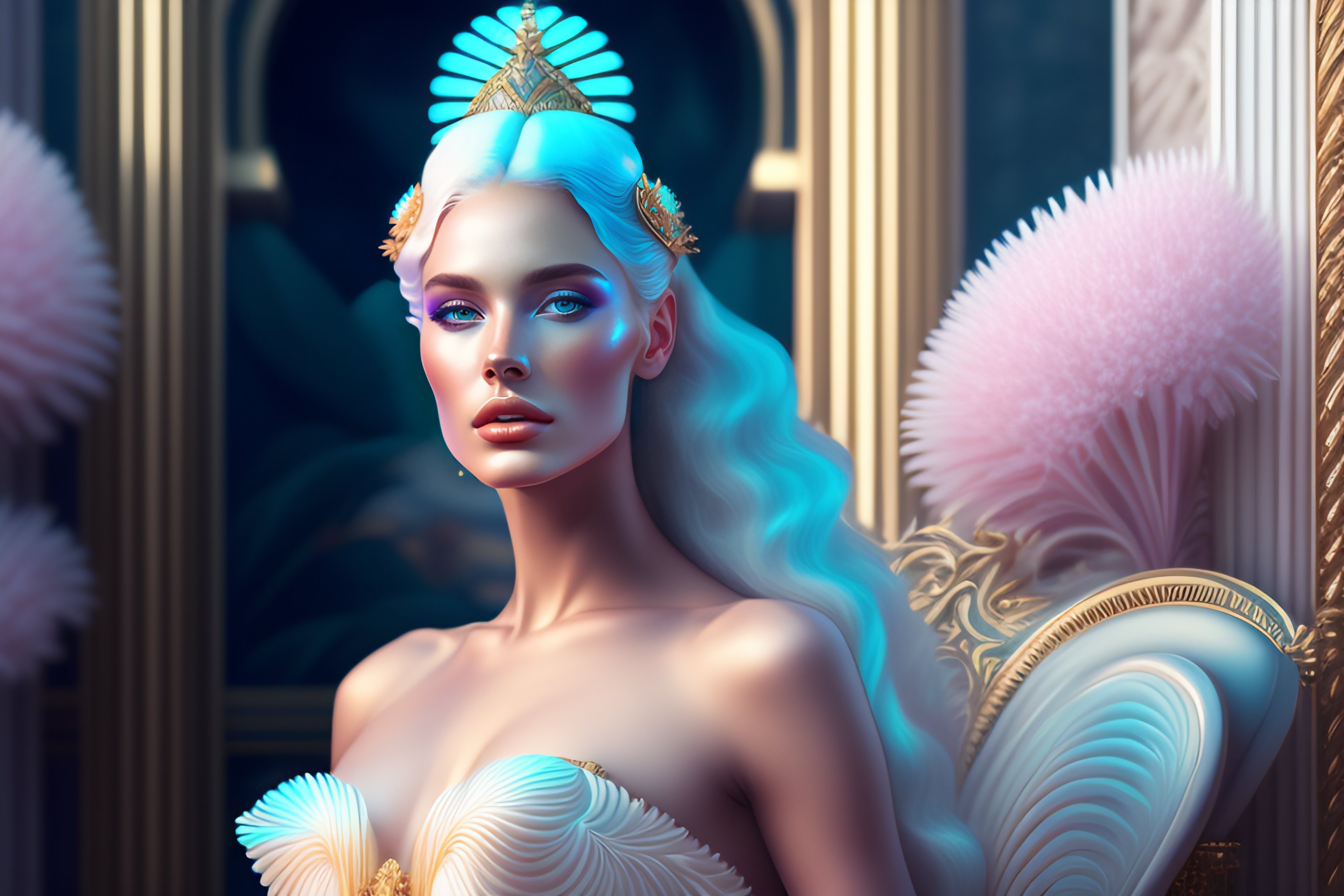 Lexica - Beeple masterpiece, hyperrealistic surrealism, beautiful pale goddess sitting on an ...