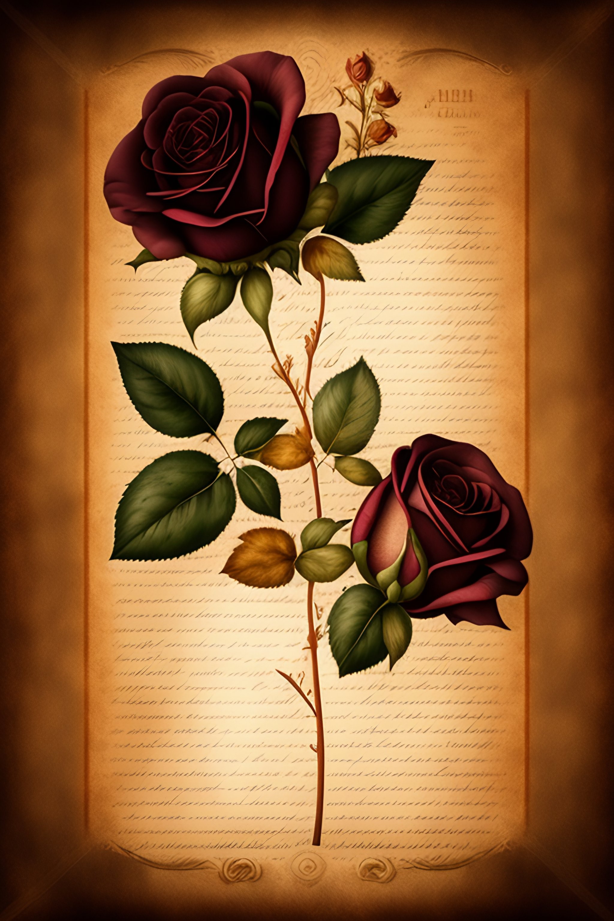Lexica - Old parchment paper high quality with dark roses and leaves ...