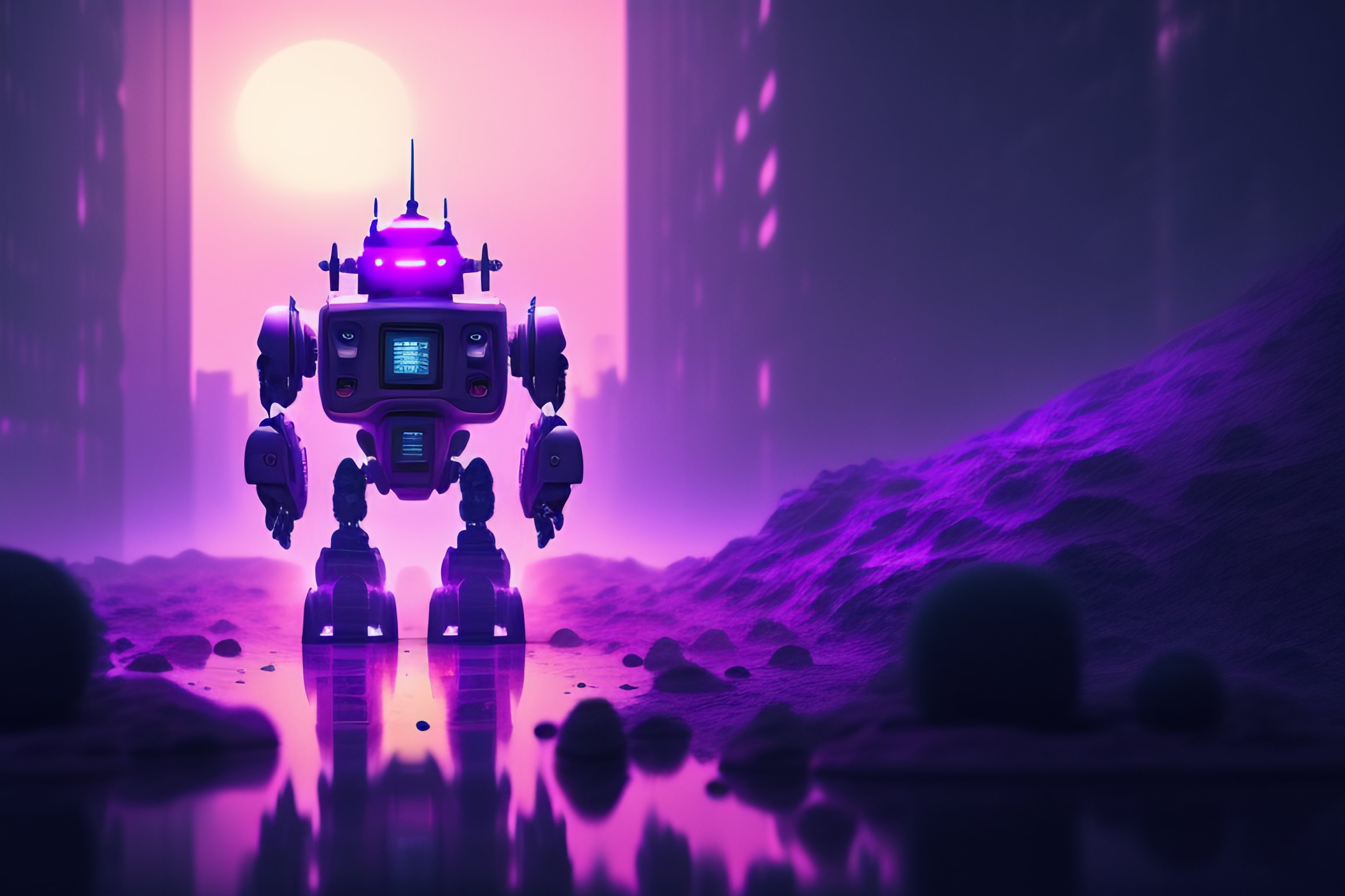 Lexica - Robot discovering he is human, dramatic scene, purple atmosphere