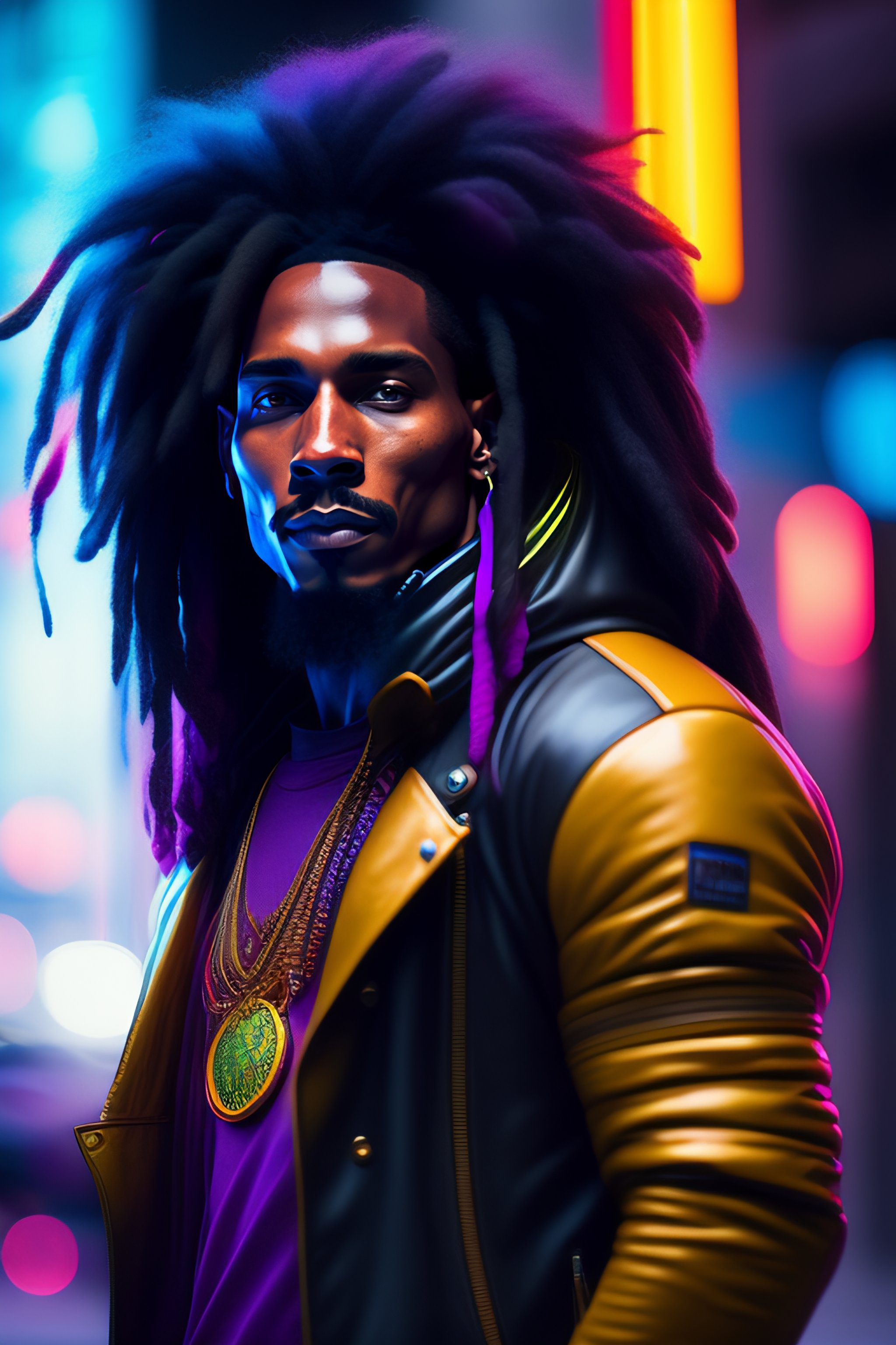 Lexica - Slow shutter speed photo of a cyberpunk bob marley with neon ...