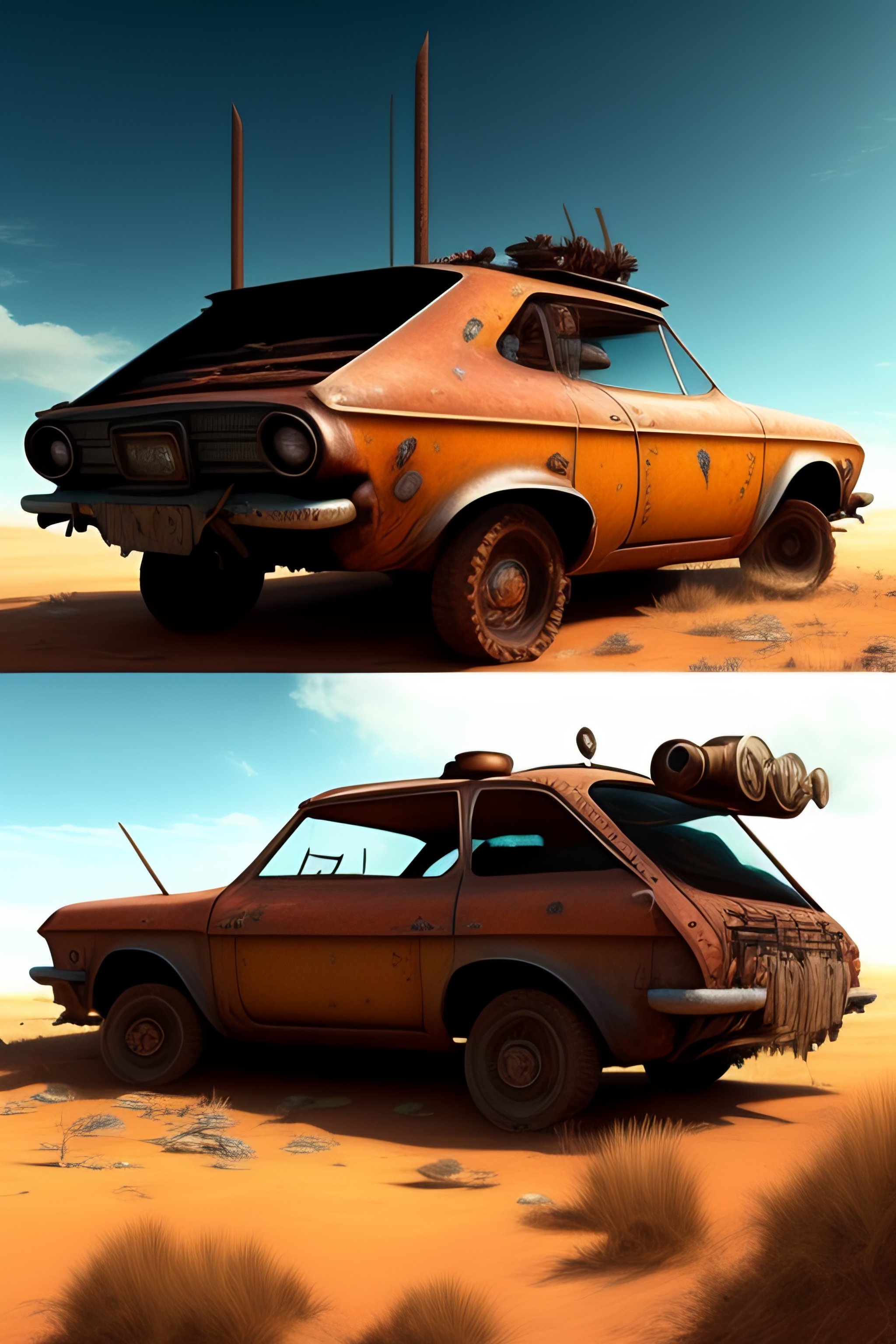 Lexica - Fantasy art of a post apocalyptic dwarf driving a rusted car