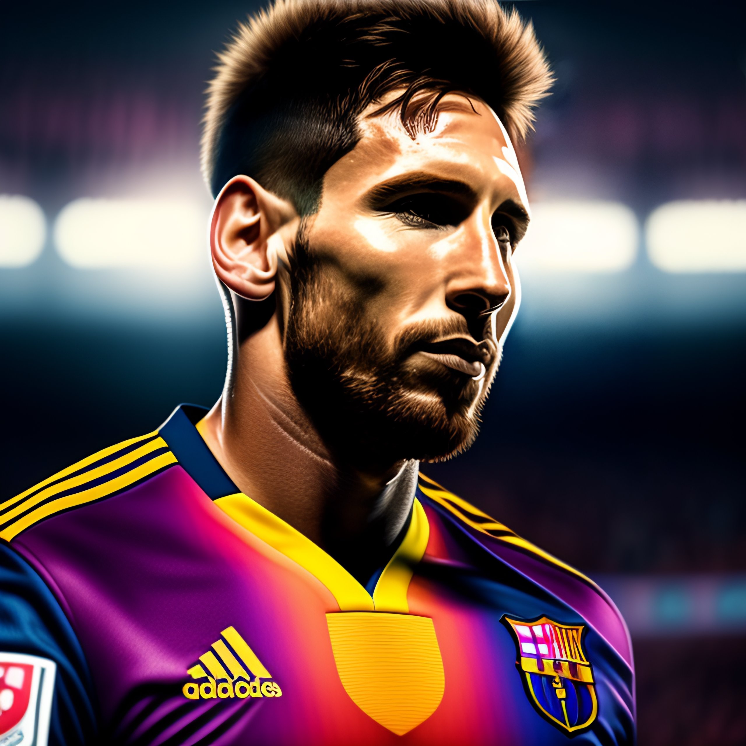 Lexica - Messi portrait realistic intricated details in barcelona kit