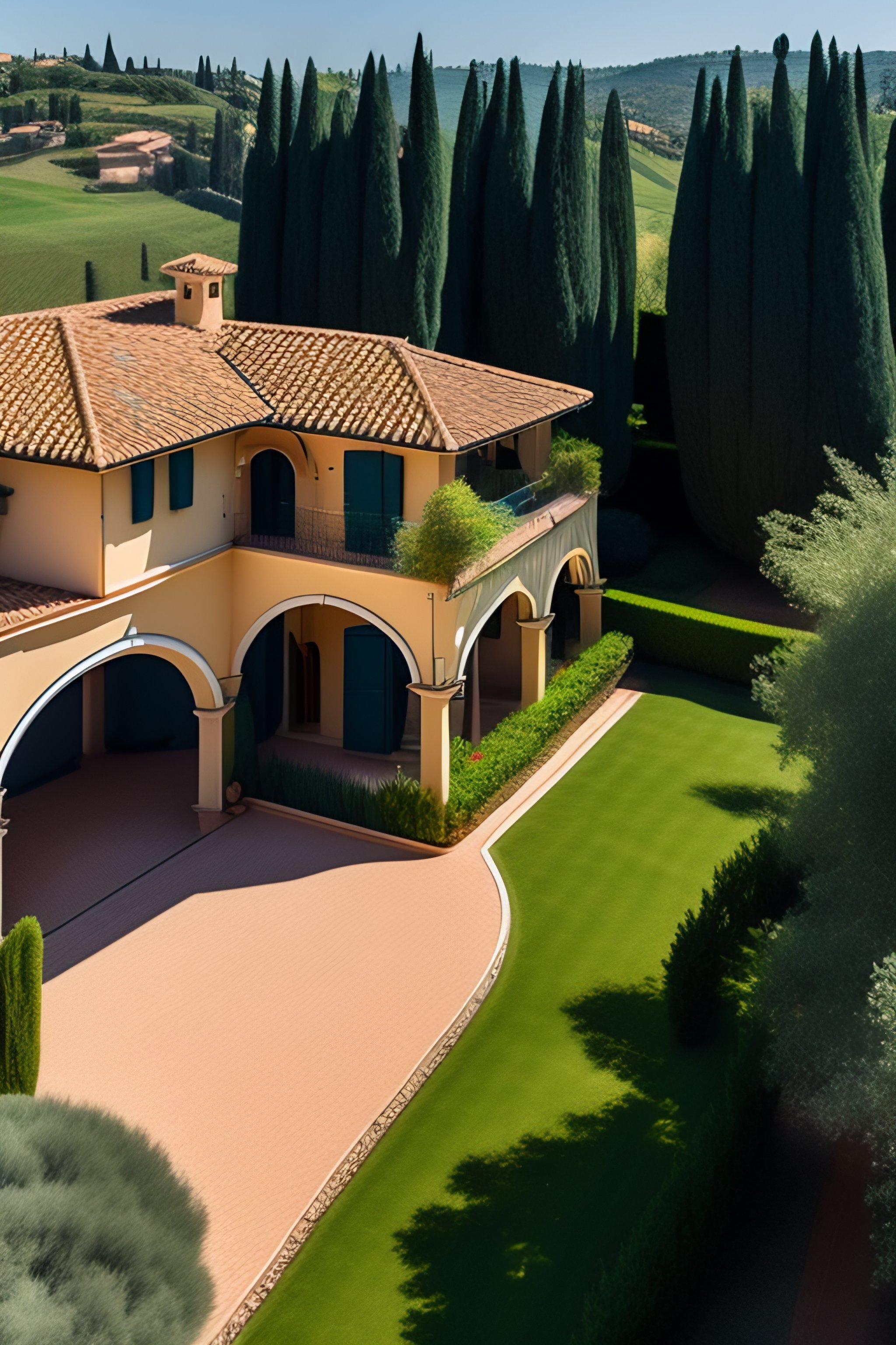 Lexica - Realistic detailed from a far Tuscany villa with a tennis ...
