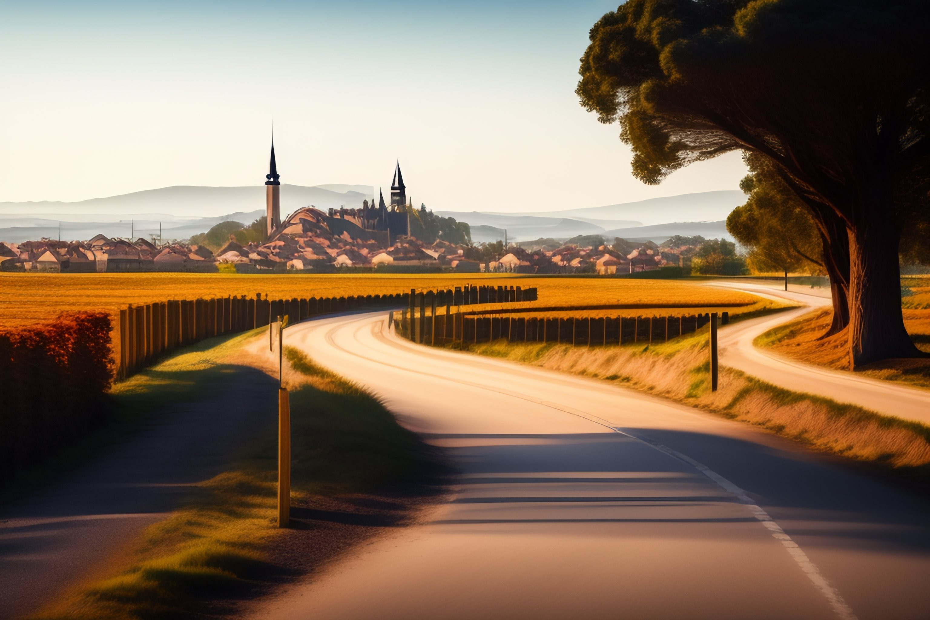 Lexica - Landshape with very linear road and town in background