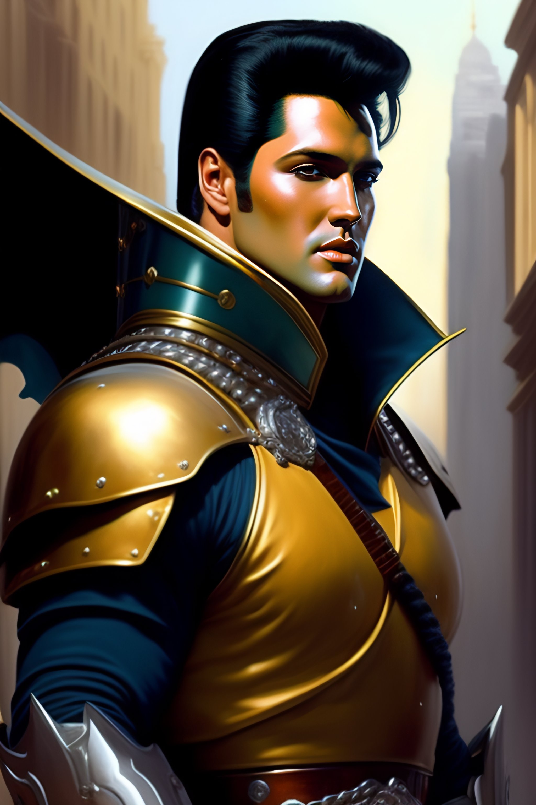 Lexica - Elvis presley in greg manchess portrait painting of armored ...