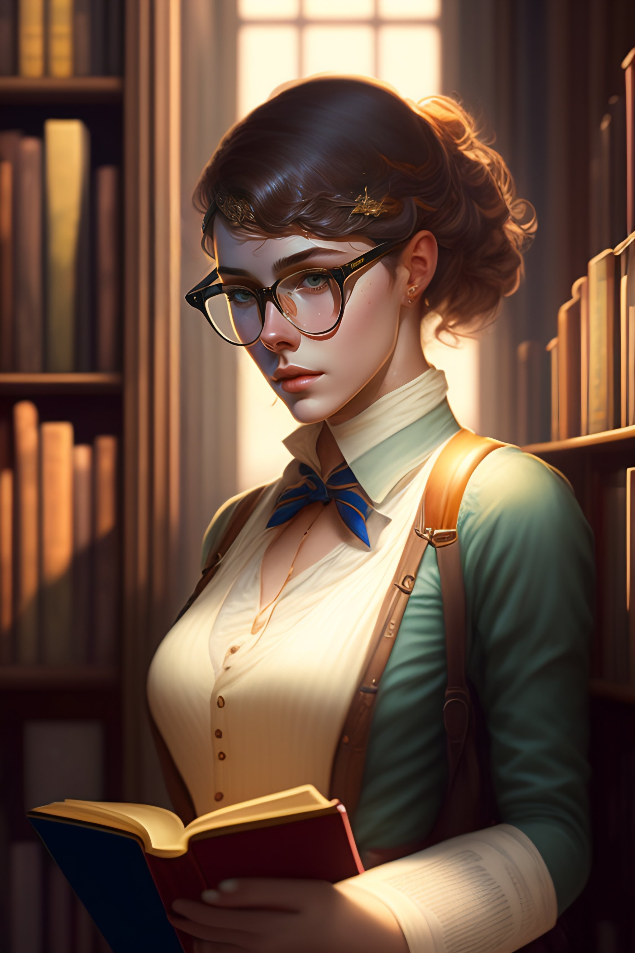 Lexica - A REPORTER with a notebook writing in a book in a library wearing spectacles with ...