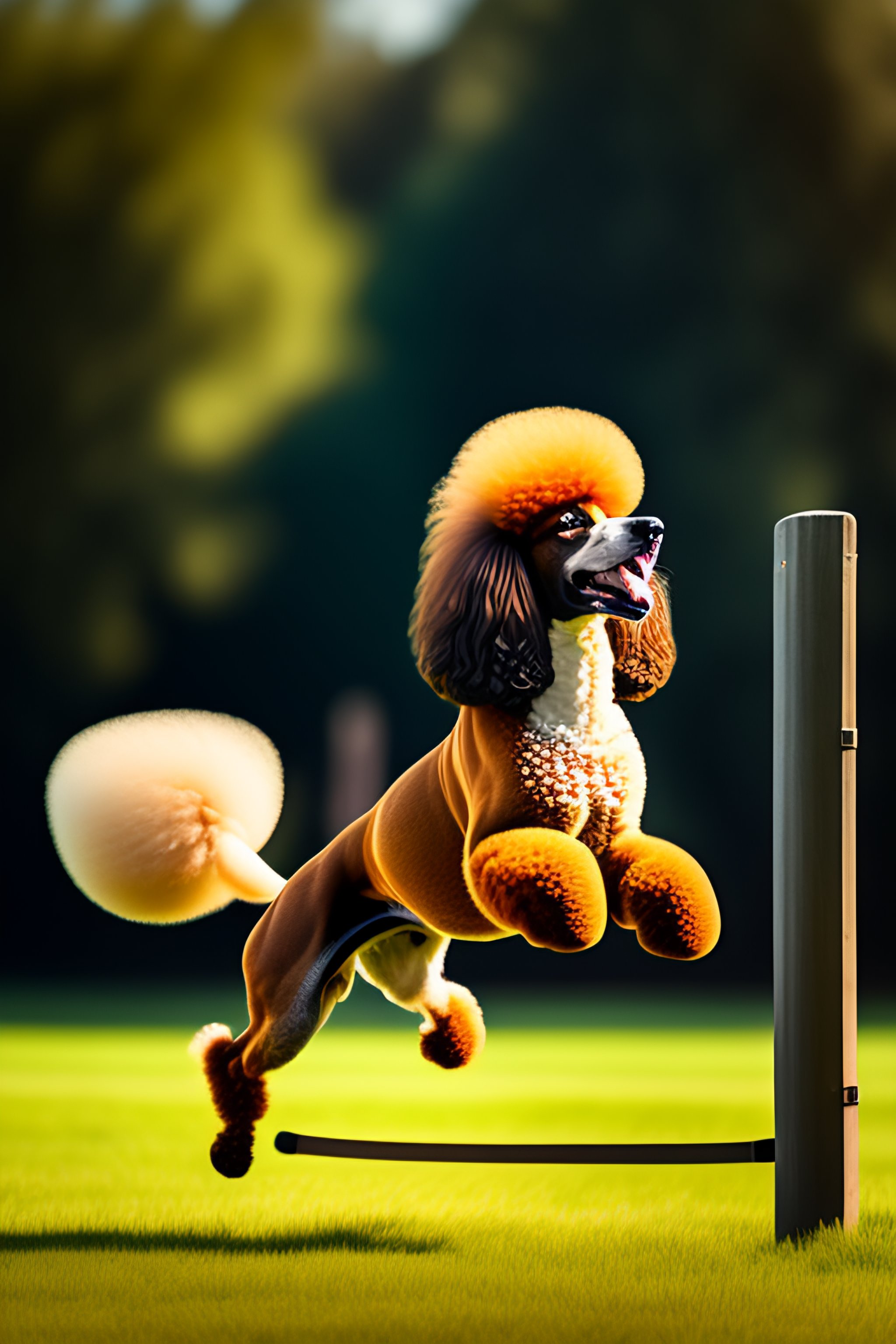 Lexica - A poodle jumping over a fence in a horse pasture