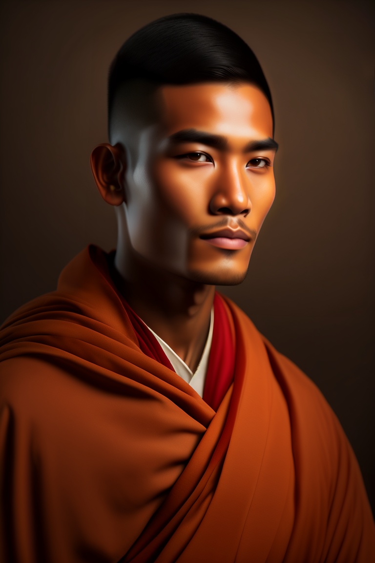 Lexica - 32yr old MONK looking at camera standing in dim light handsome ...