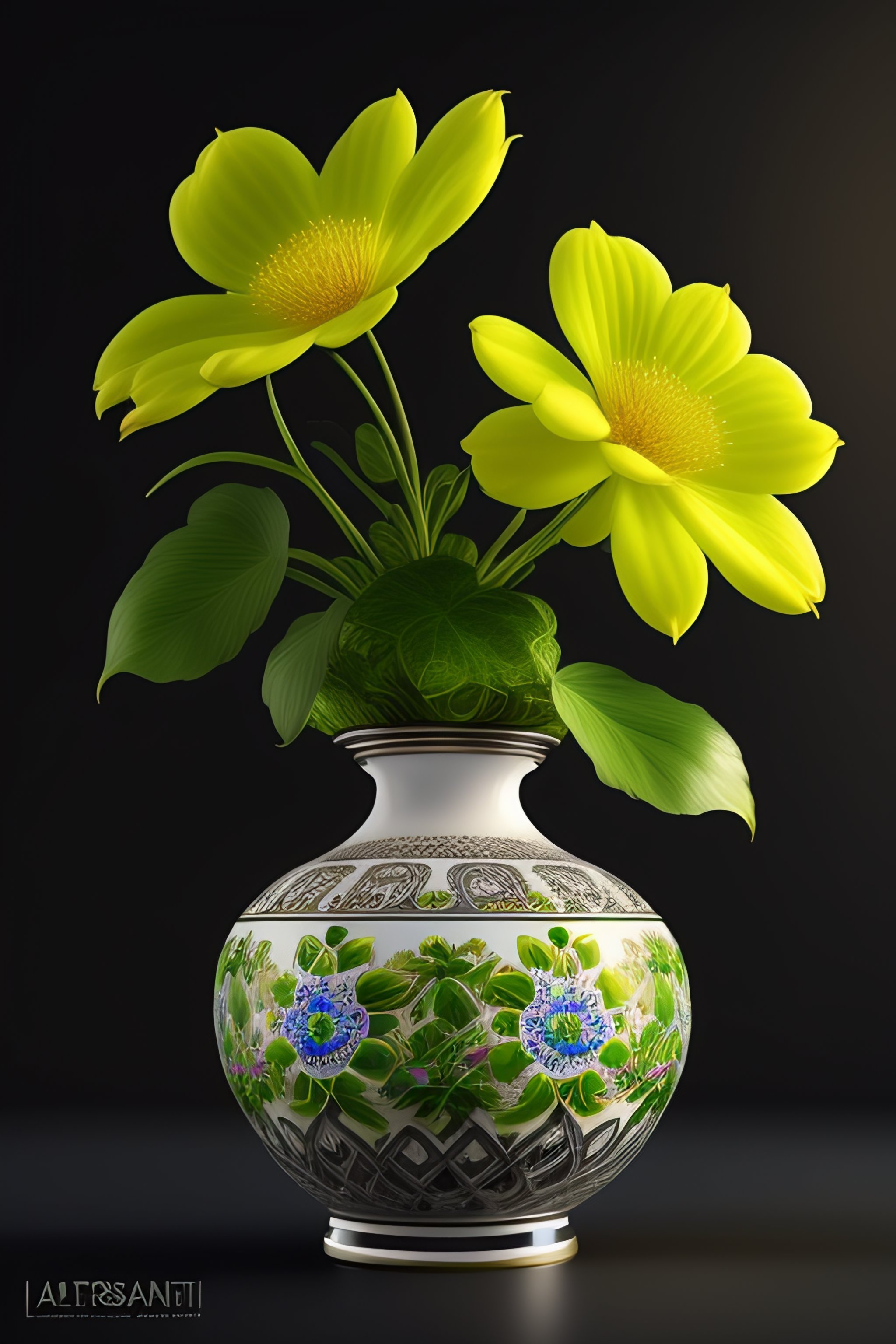 Lexica - Beautiful amazing art of intricate flowers in a green vase ...