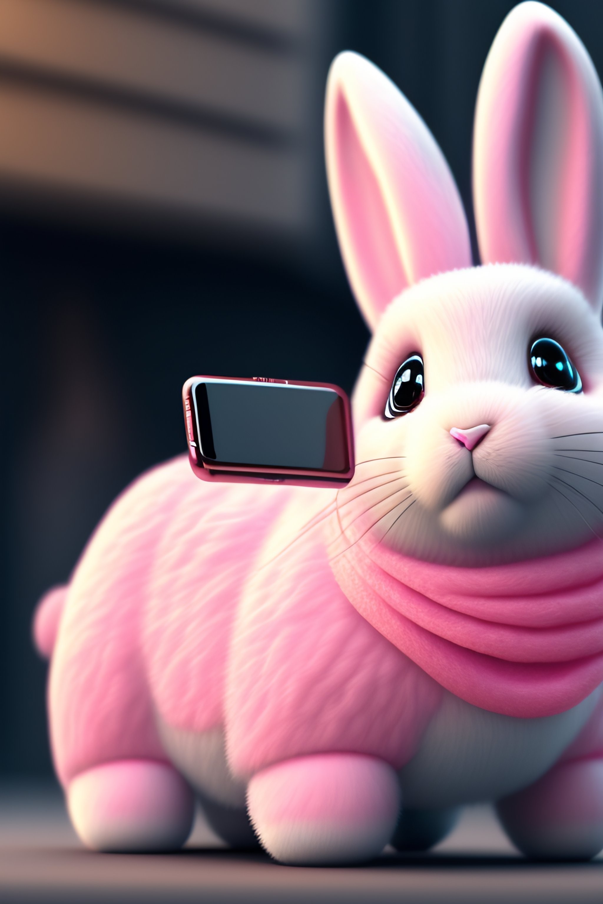 Lexica - Soft Pink Bunny robot working on a smartphone