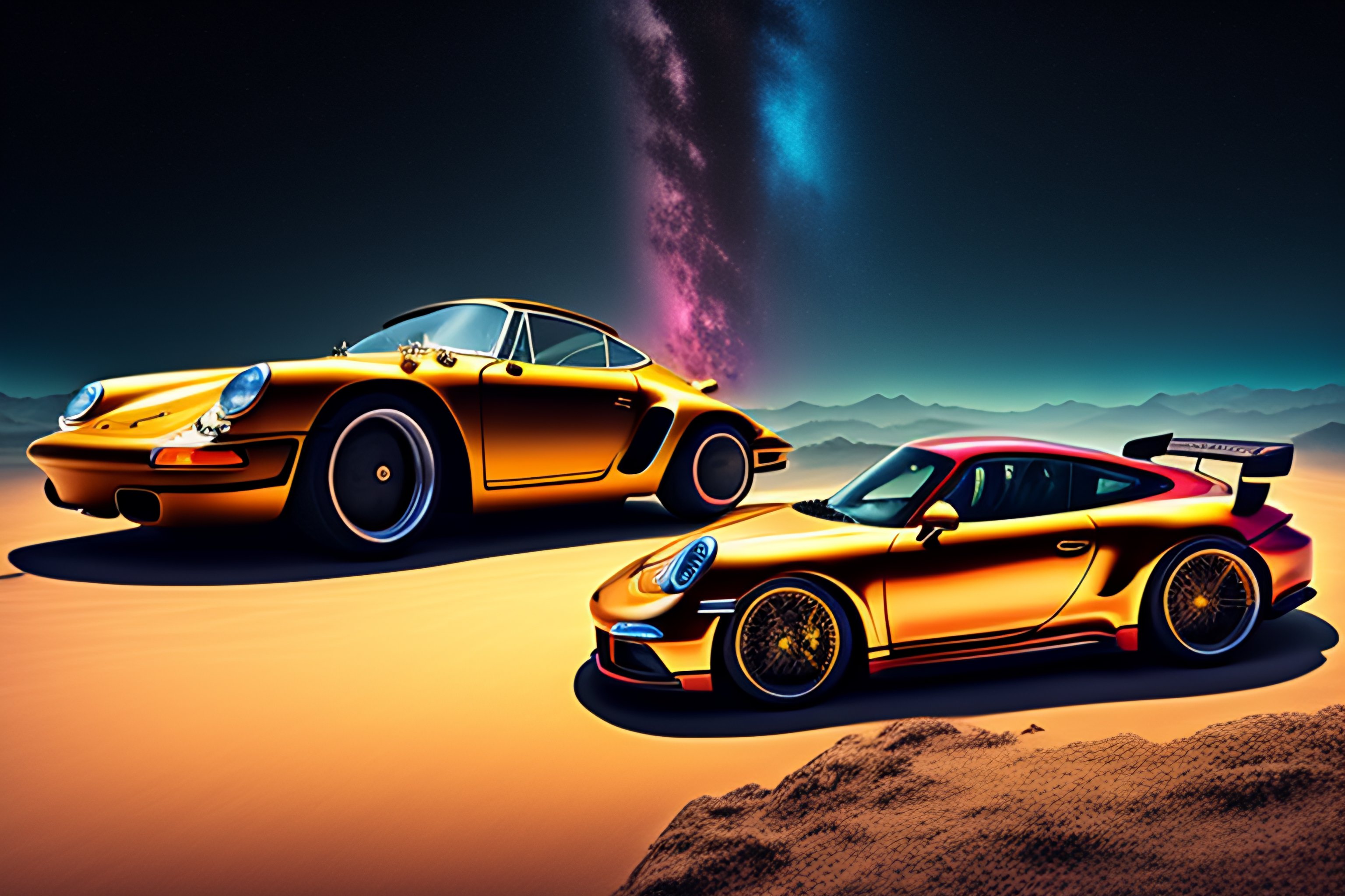 Lexica - Porsche car is driven in infinite galaxy around millions of stars