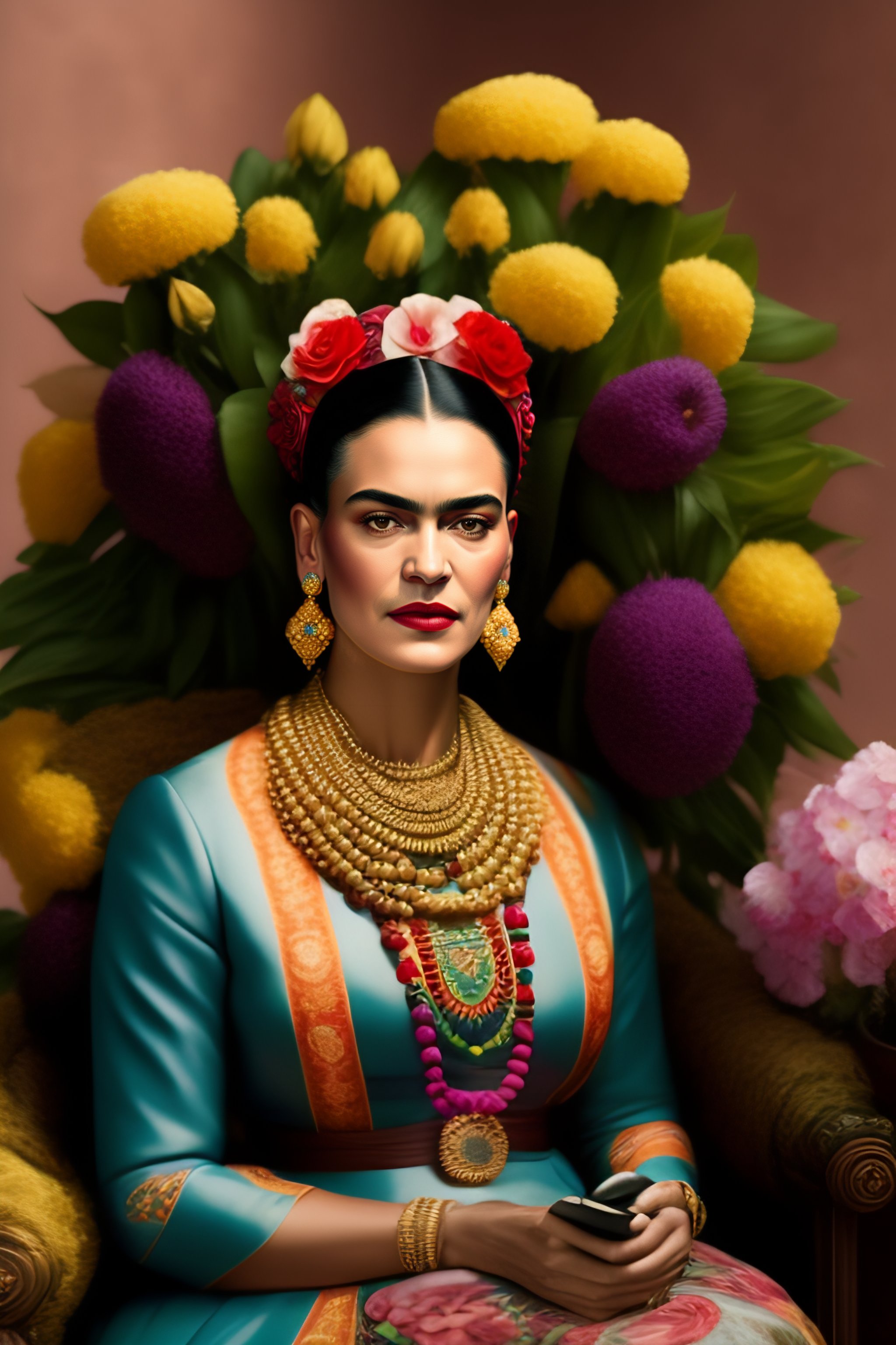 Lexica - Photoreal realist image of Frida Kahlo sitting in a chair look ...