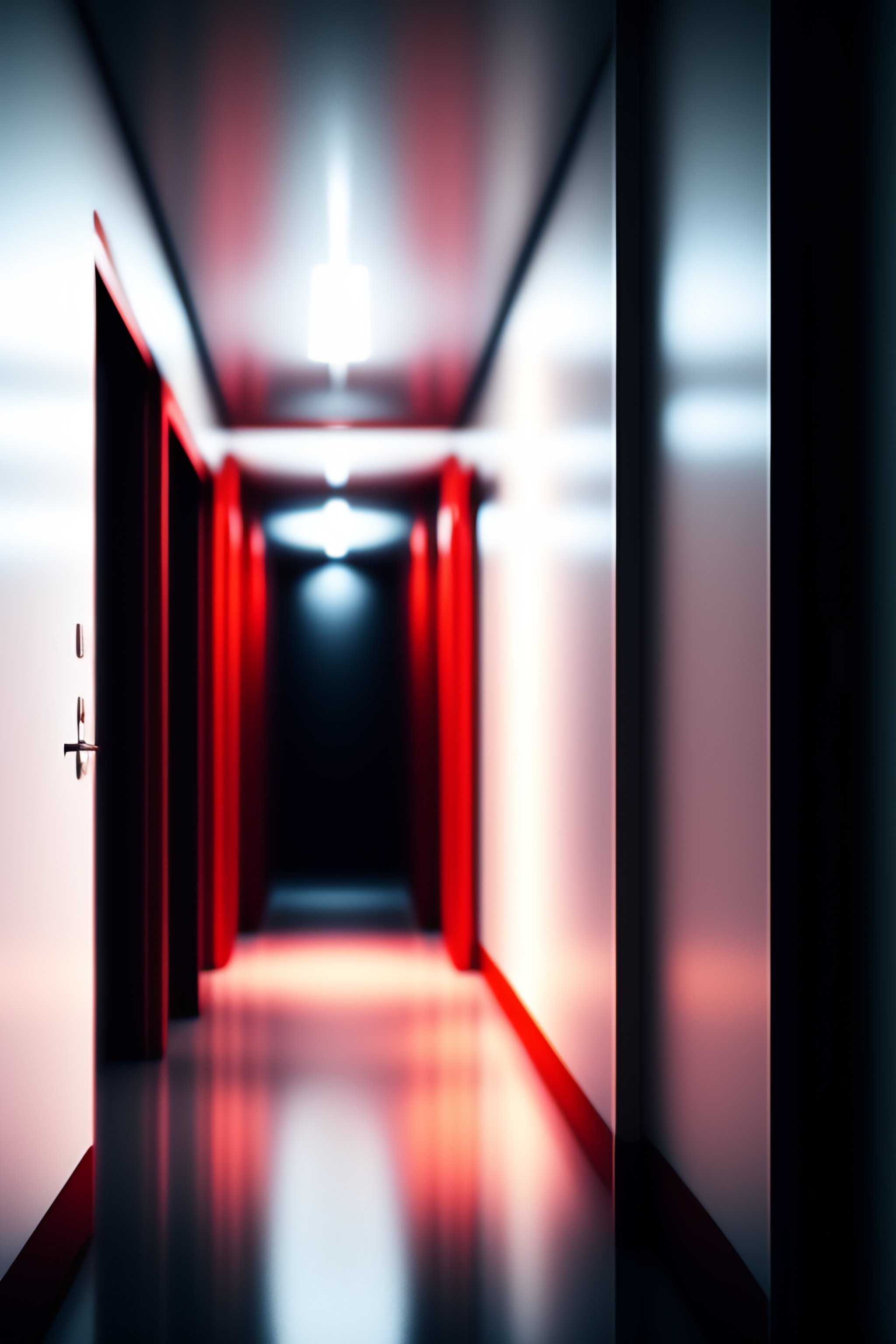 Lexica - A very long featureless white hallway with a single red door ...