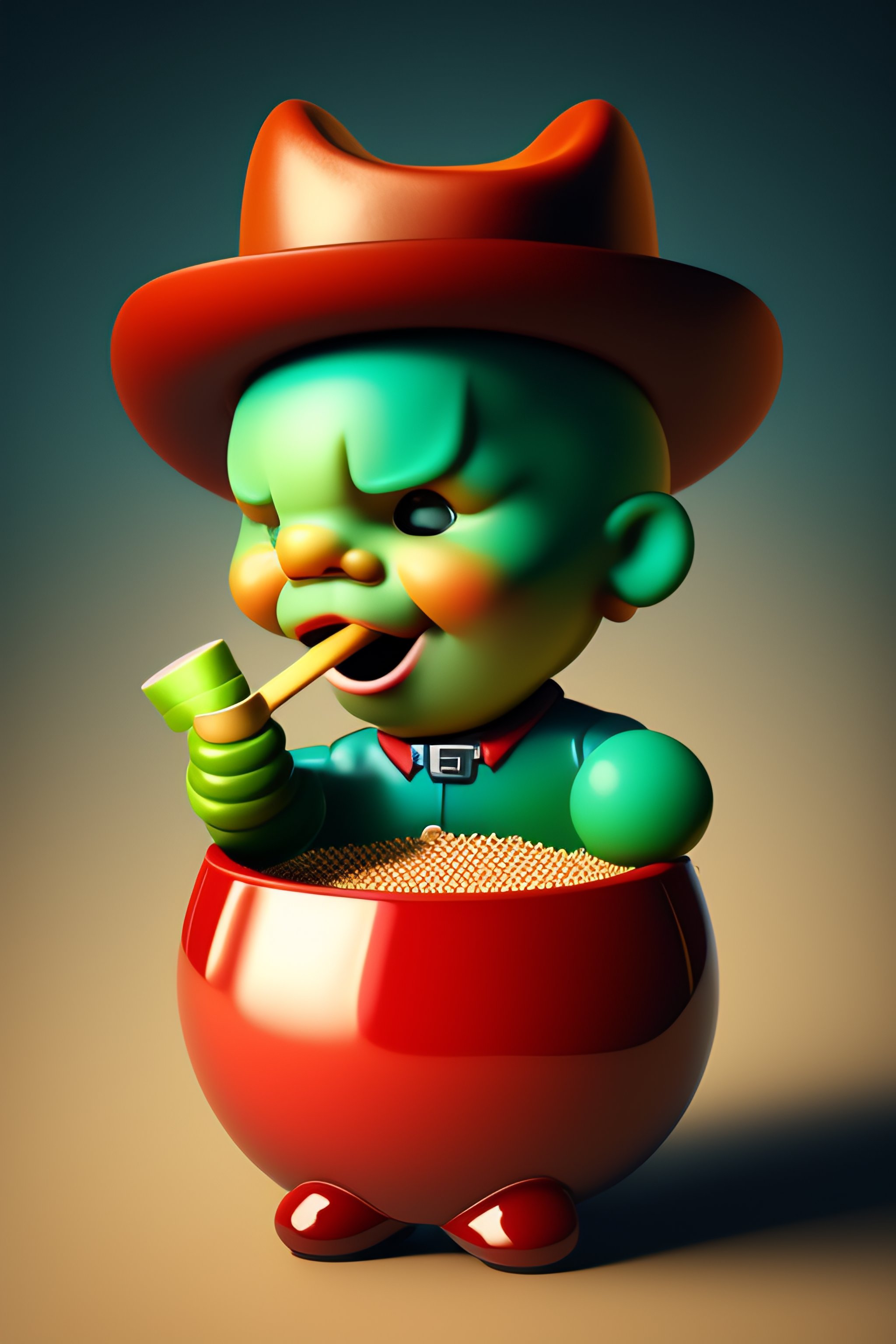 Lexica - A rounded head cartoony character with a cowboy hat chewing a ...