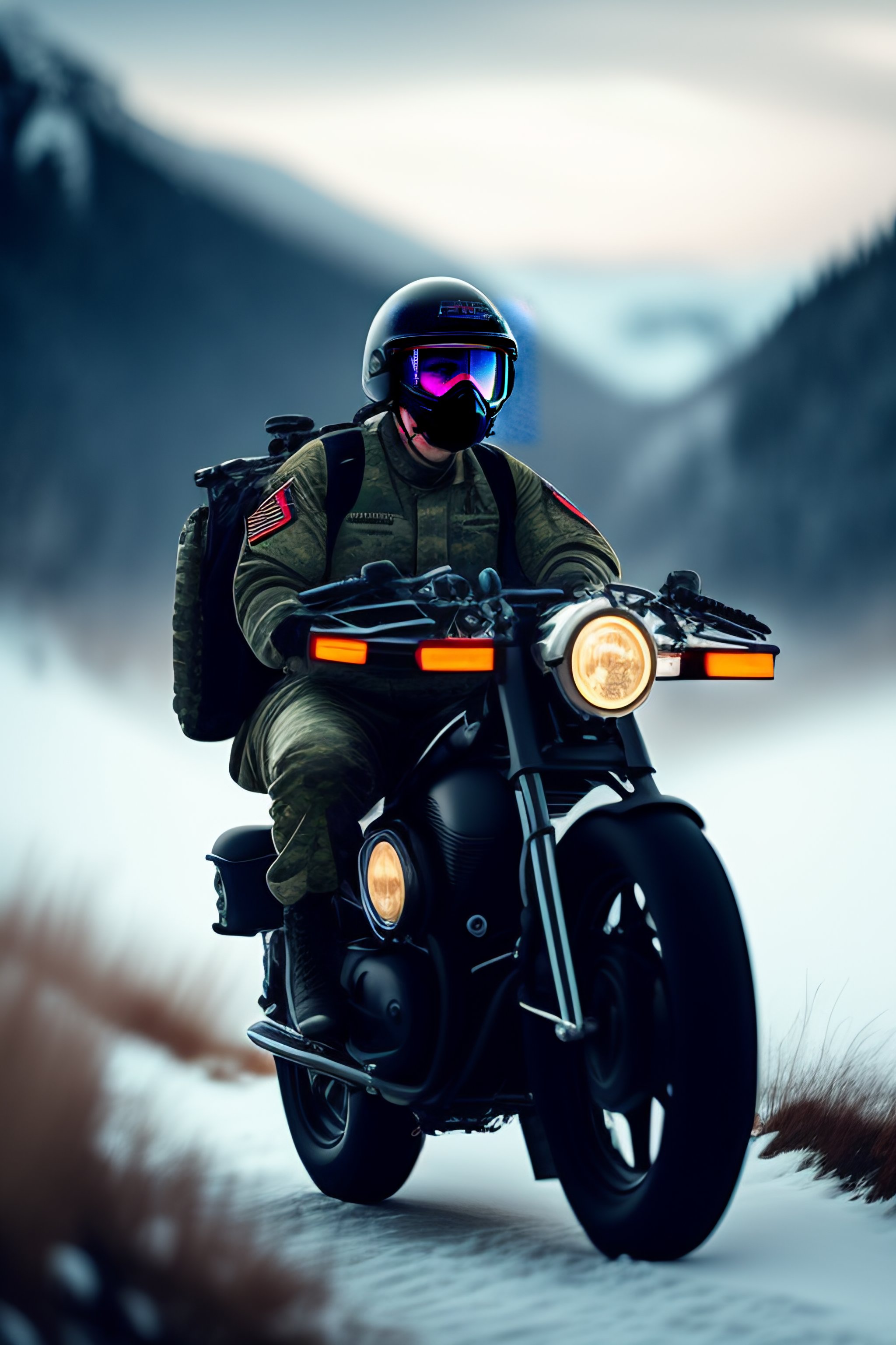 Lexica - Army Official riding cyberpunk cycle , snow