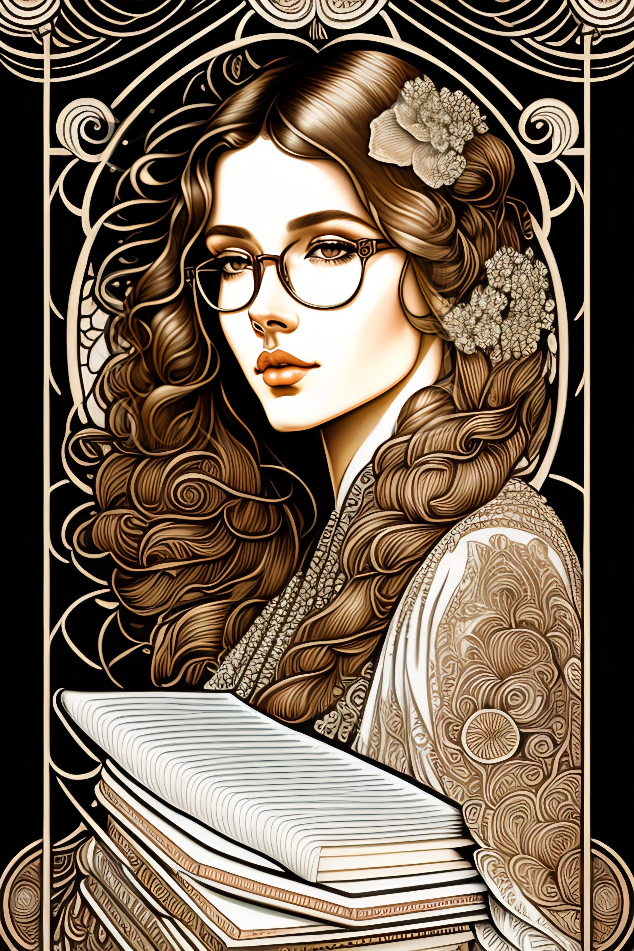 Lexica - Clean line art of a woman with light brown hair and glasses ...