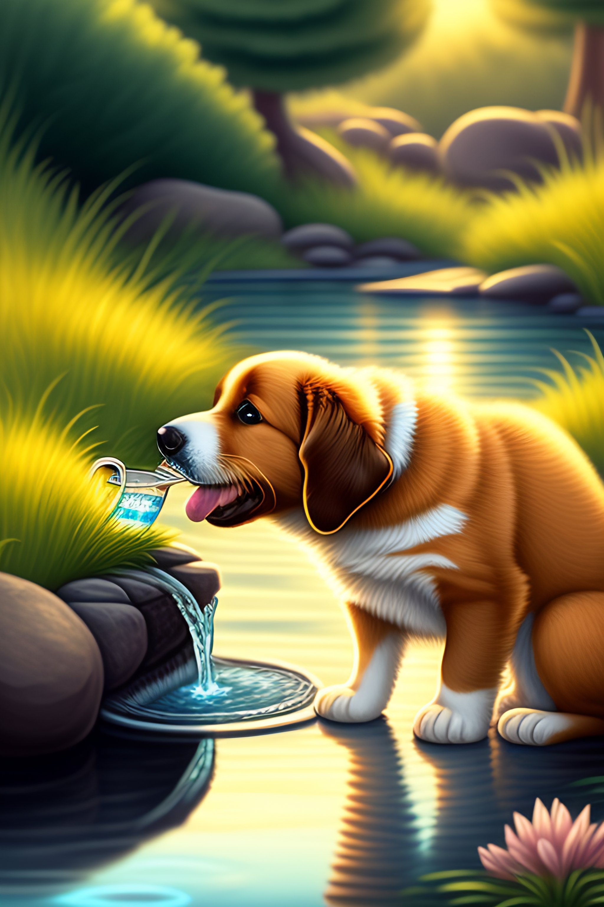 Lexica - A cartoon picture of a baby DOG drinking from a pond, a child ...