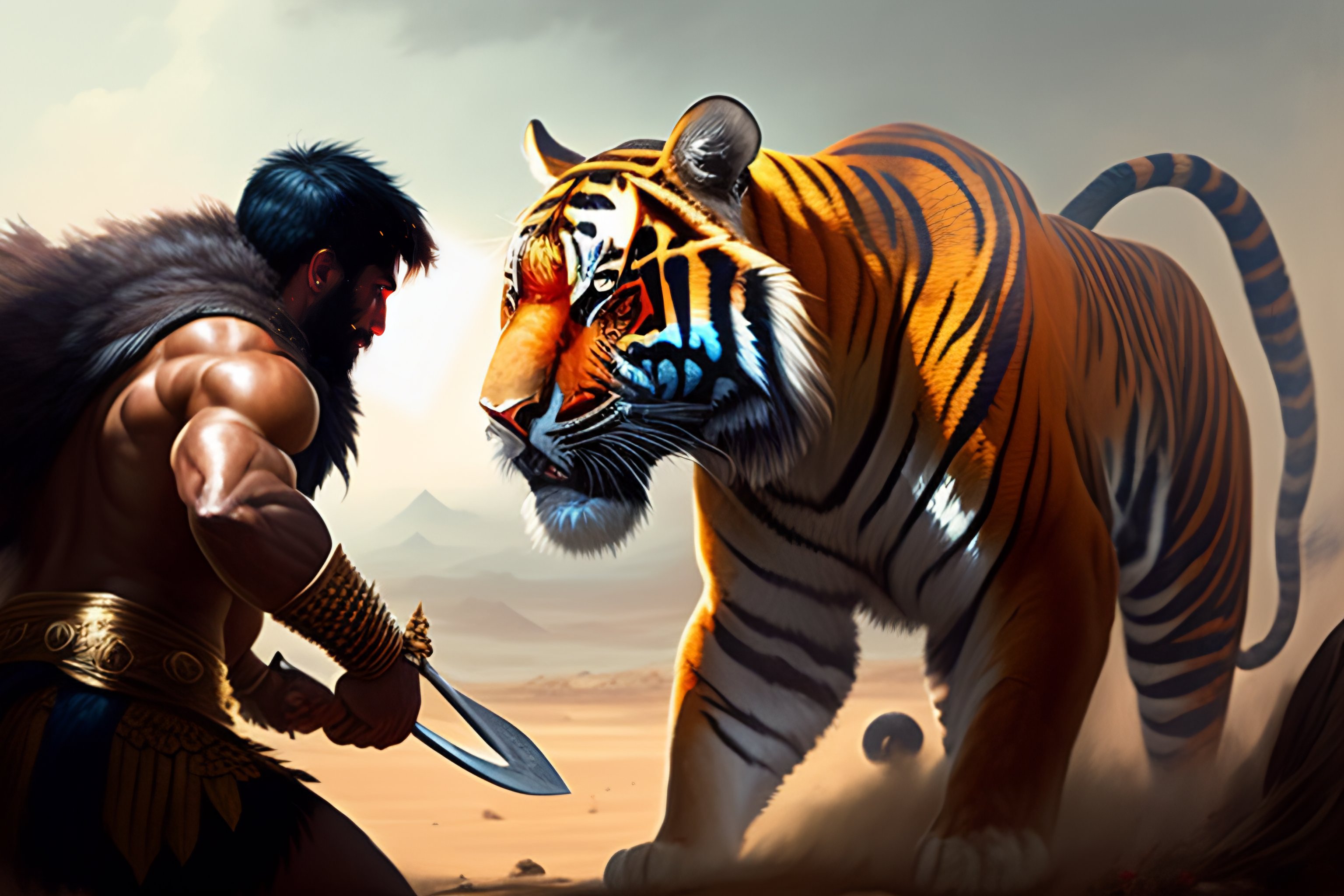 Lexica - A gladiator fighting a tiger, greg rutkowski