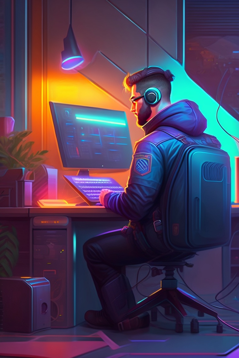 Lexica - A vibrant artstation illustration of a tech savy man typing ...