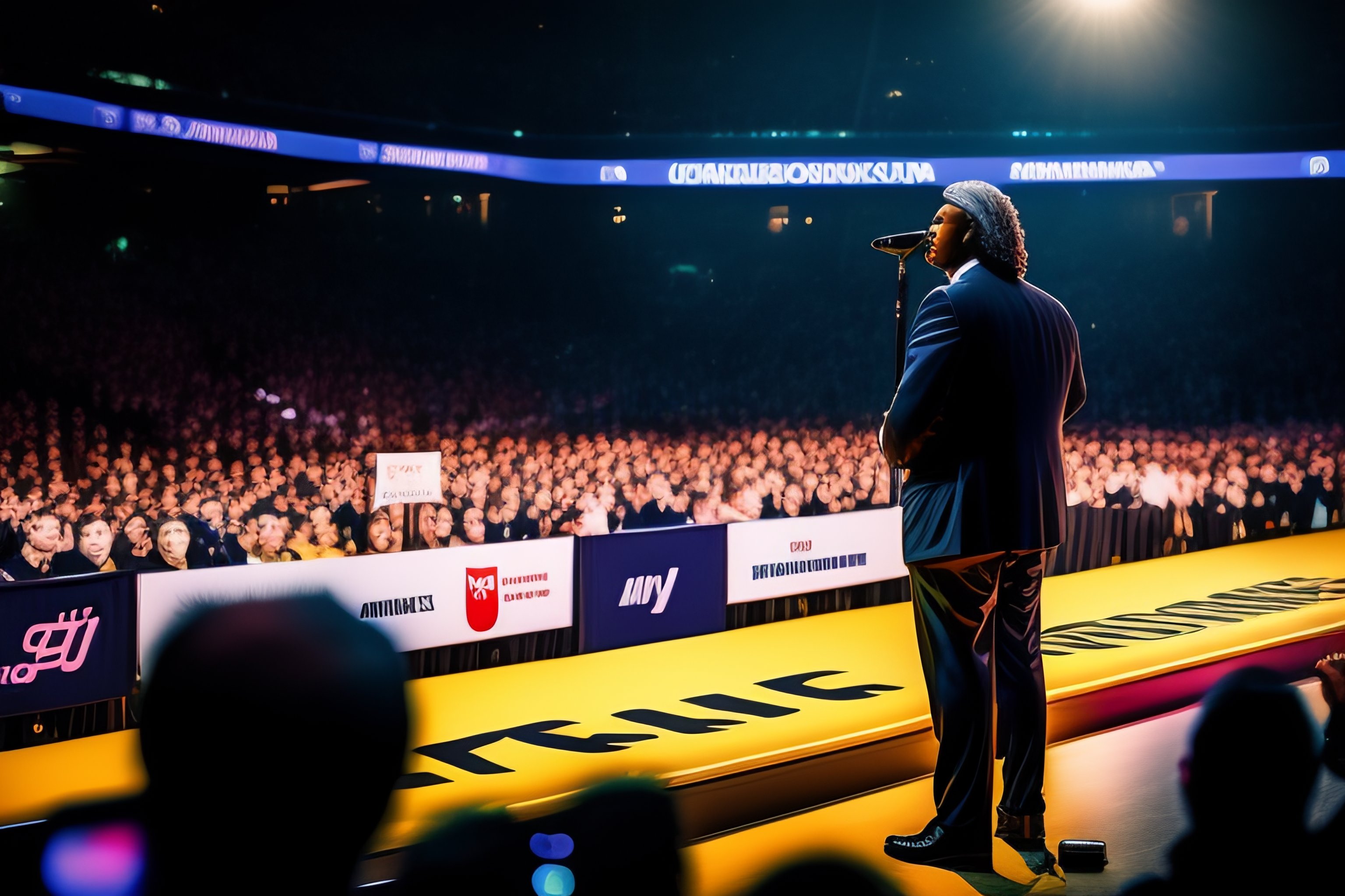 Lexica - A person standing on a stage, holding a microphone and ...