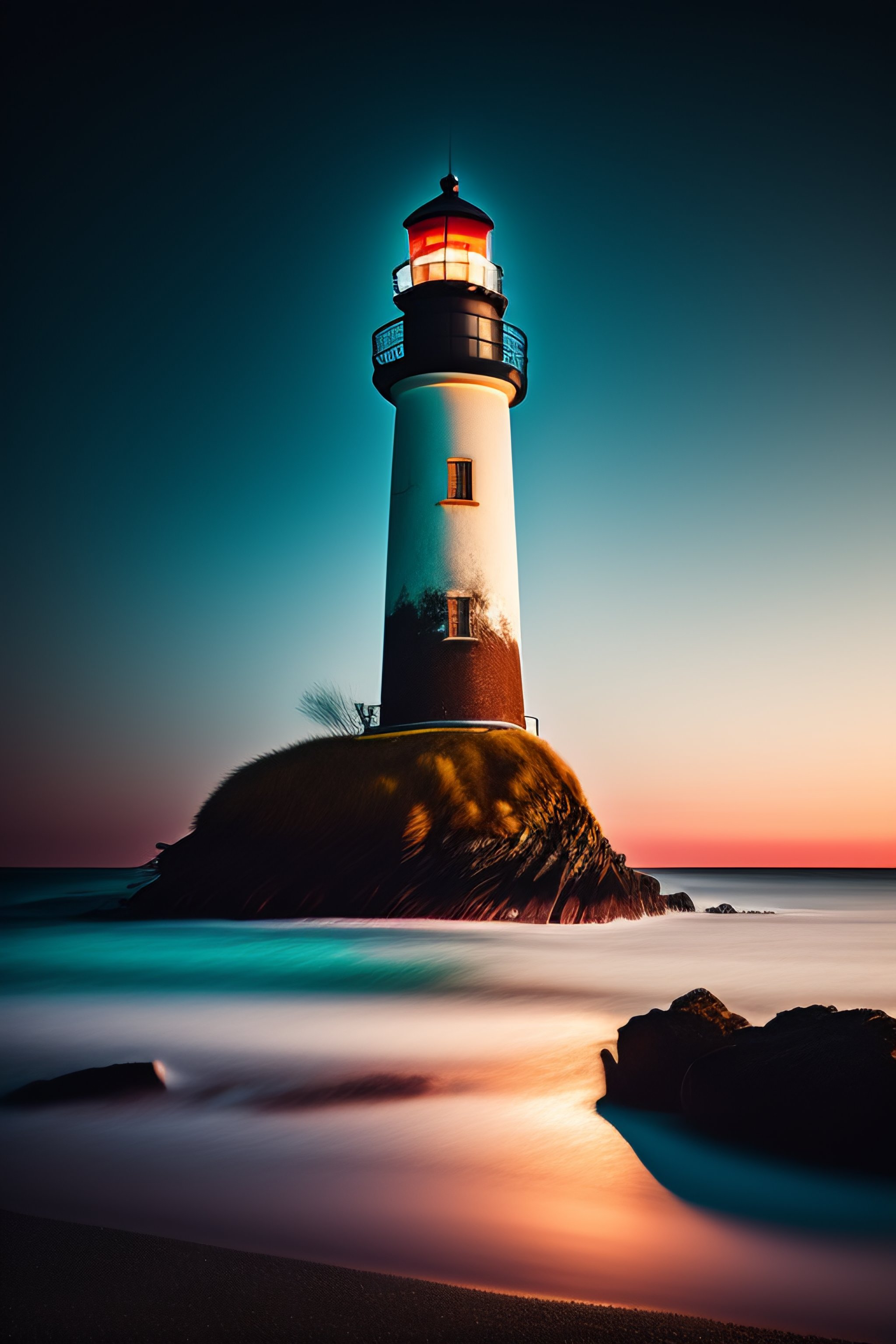 Lexica - Analog photo of realistic lighthouse on island, winter, night ...