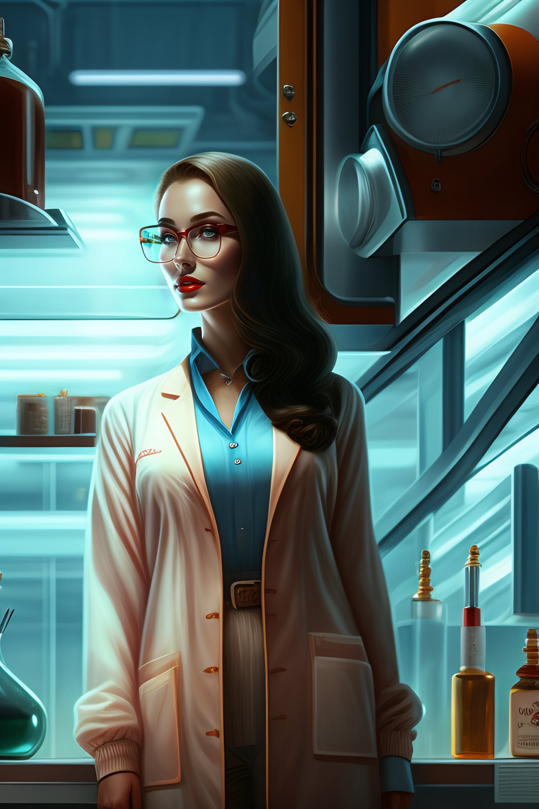 Lexica - Beautiful girl, wearing a lab coat and glasses, holding a ...