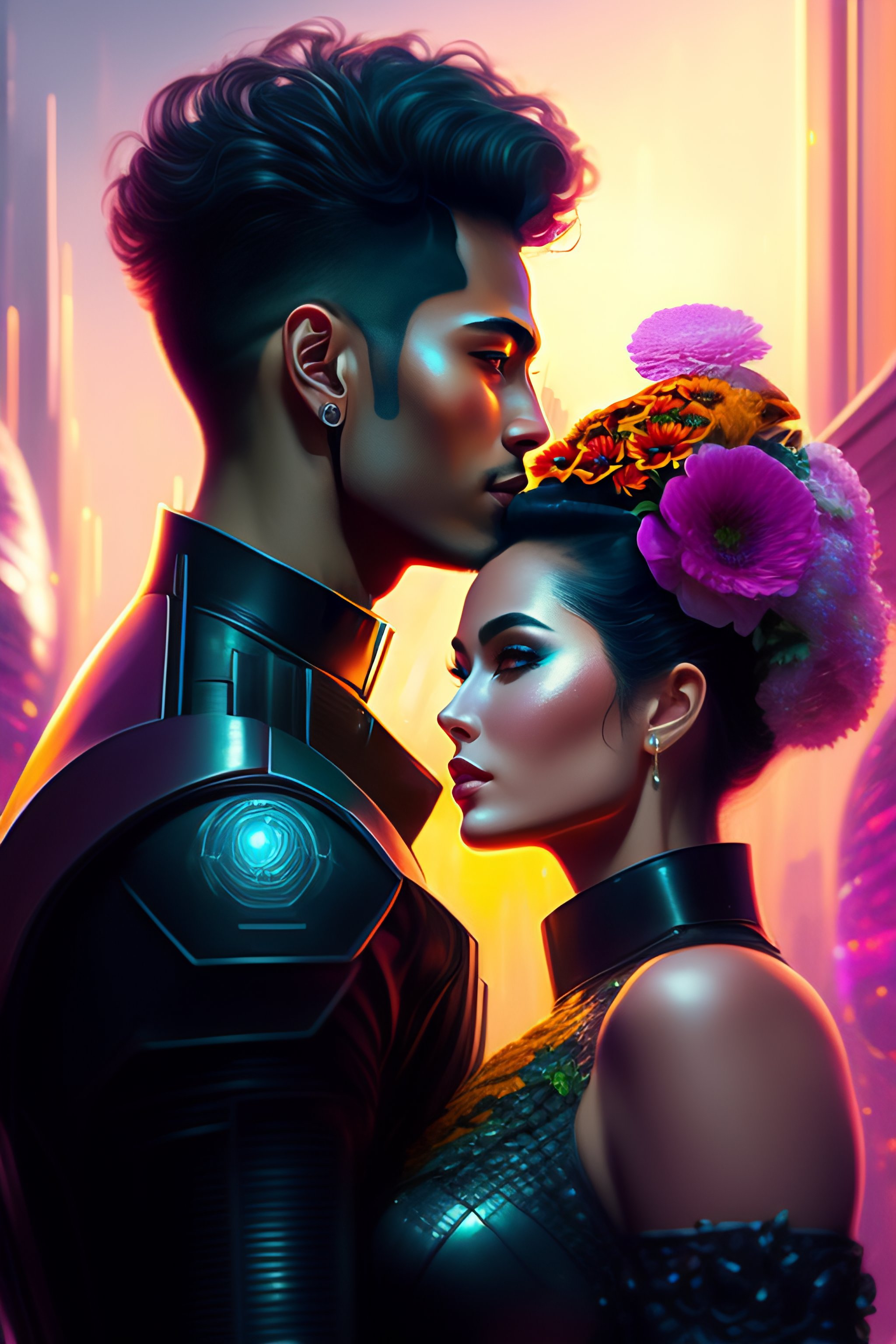 Lexica - An android man gives a bouquet of flowers to a beautiful human ...