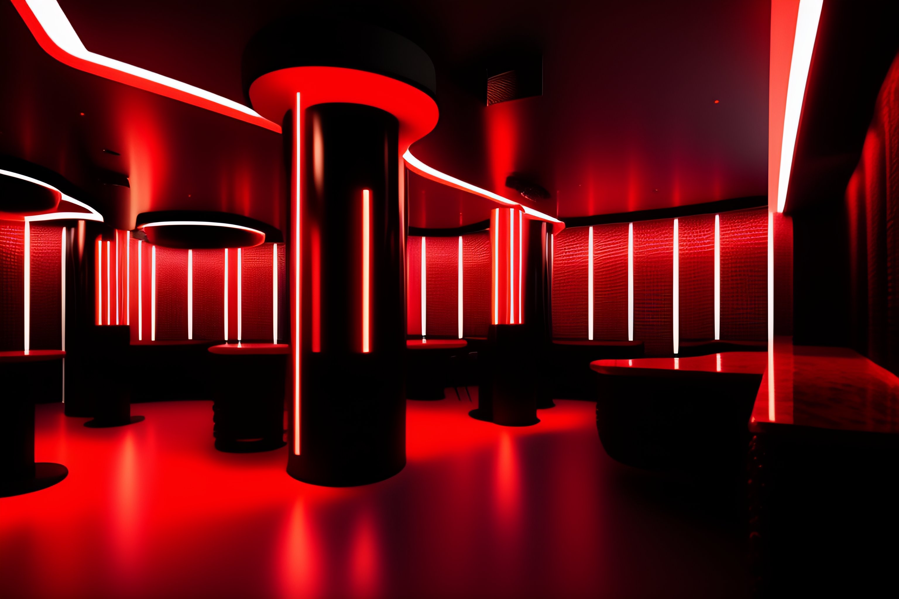 Lexica - Black and red nightclub interior, pole dance bars, symetrical ...