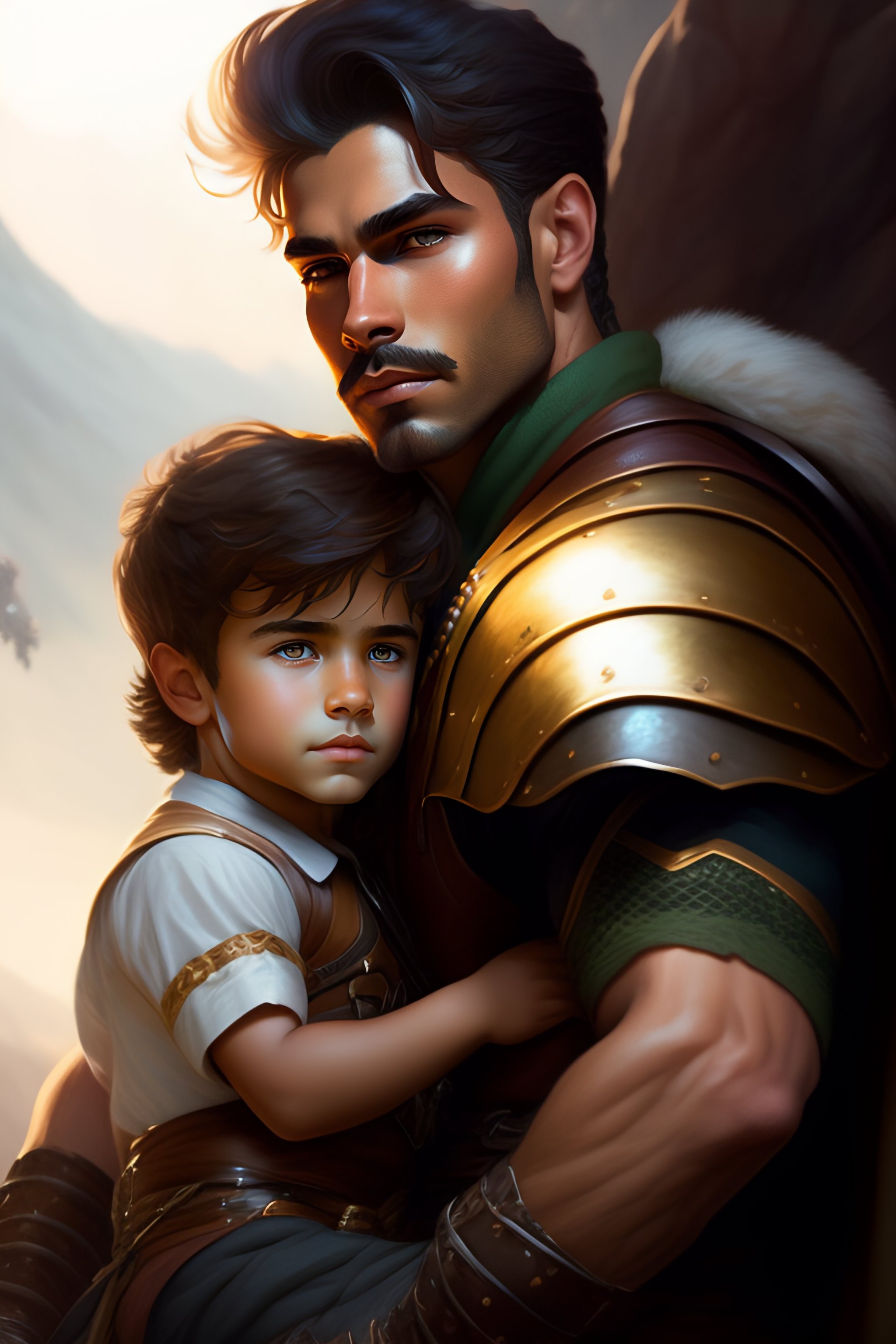 Lexica - Little boy on young rugged muscular, hairy chest ranger's lap ...