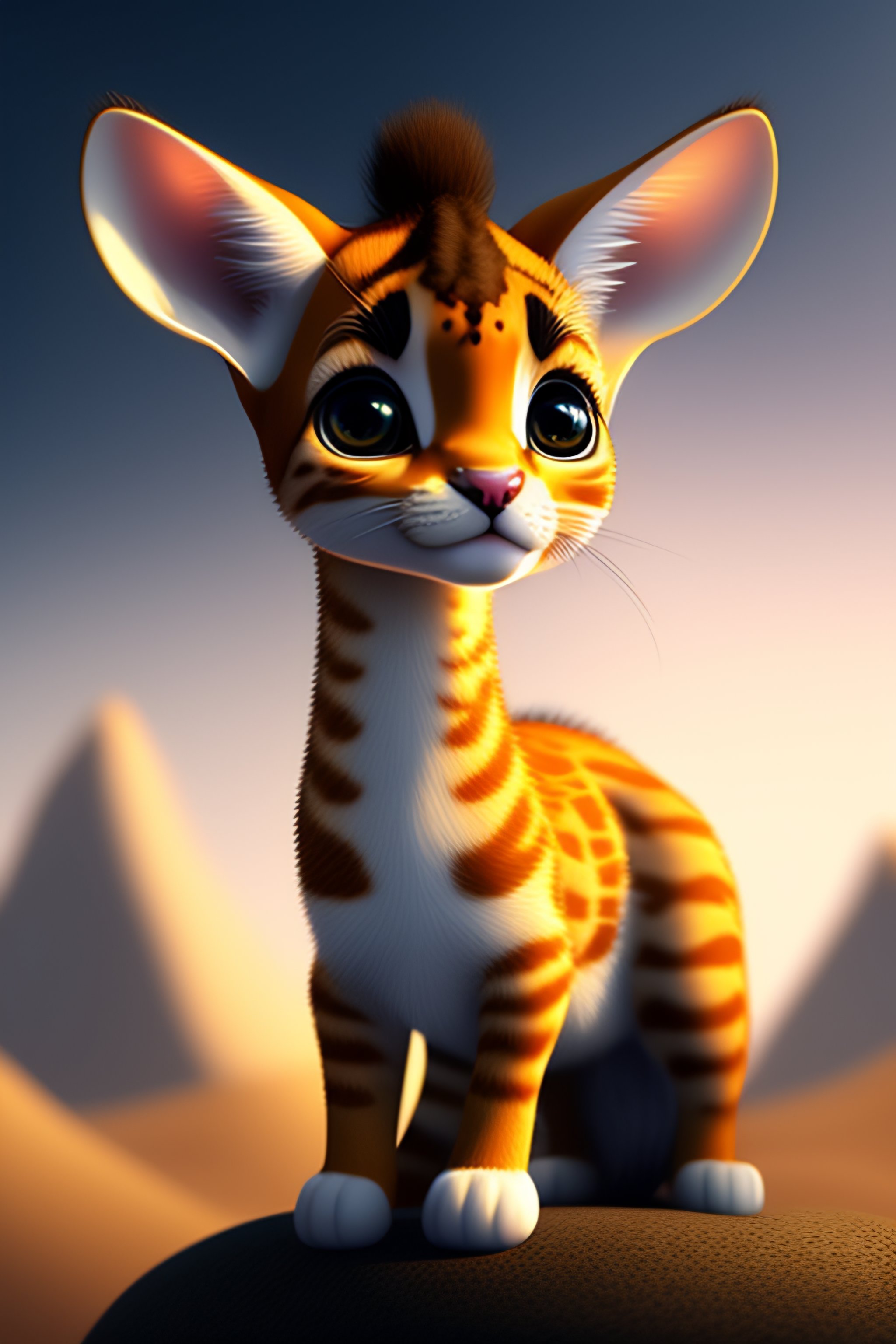 Lexica - Cute chibi kitten with long neck like girafe in the mountain, 3d