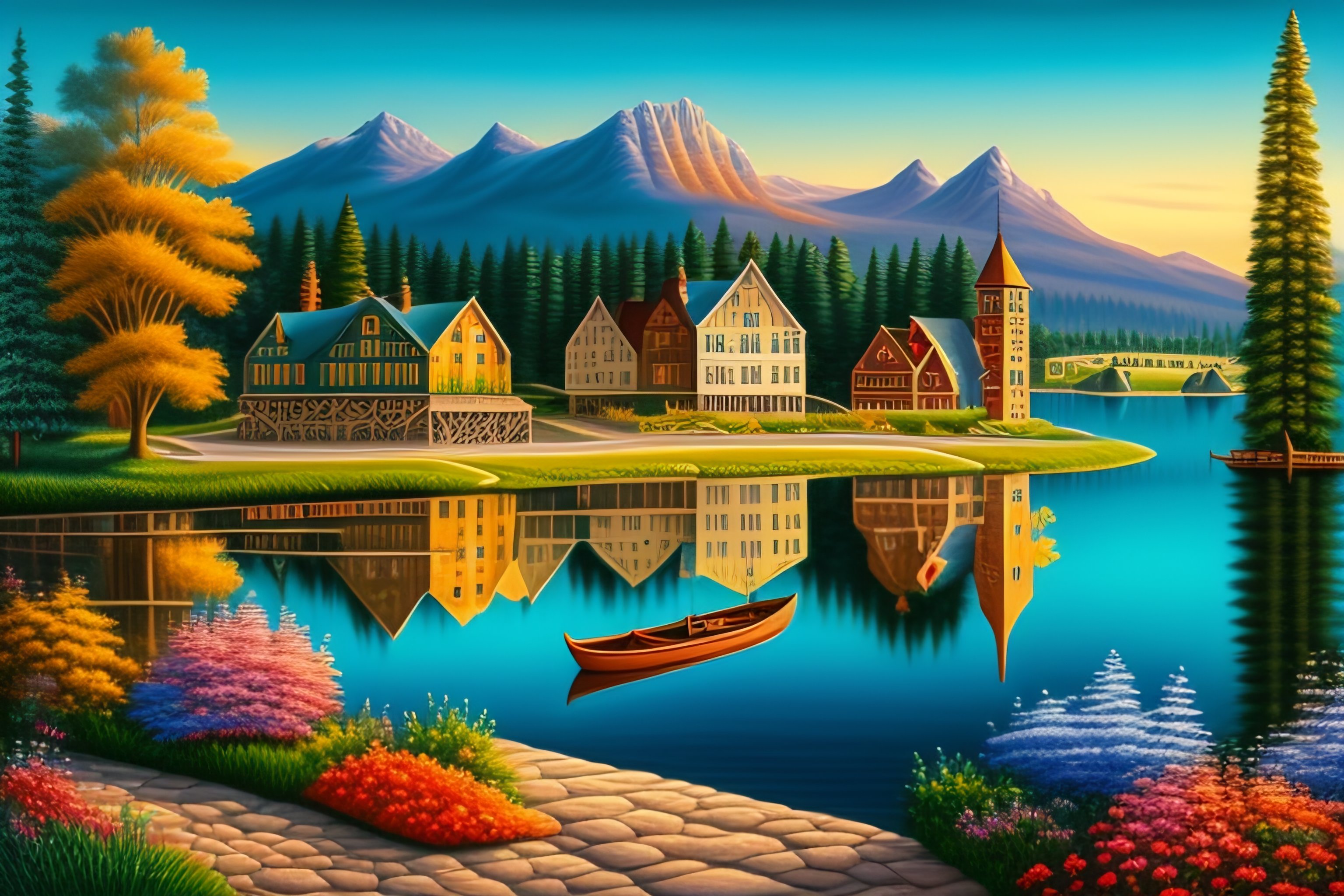 Lexica - Town and lake, by charles wysocki, detailed, 8k, flowers, colors