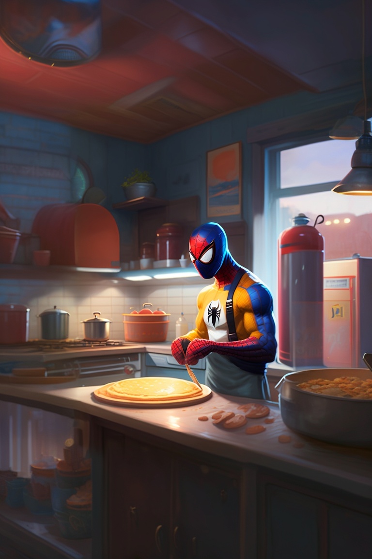 Lexica - Spiderman making a pancake in the kitchen , simon stalenhag,8k ...