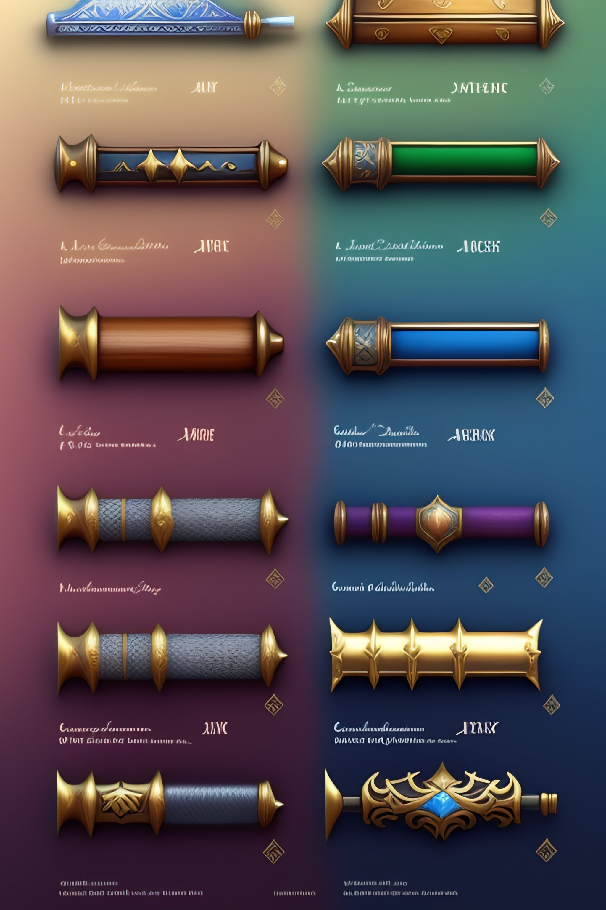 Lexica - Design sheet of various magic fantasy weapons, varied colors