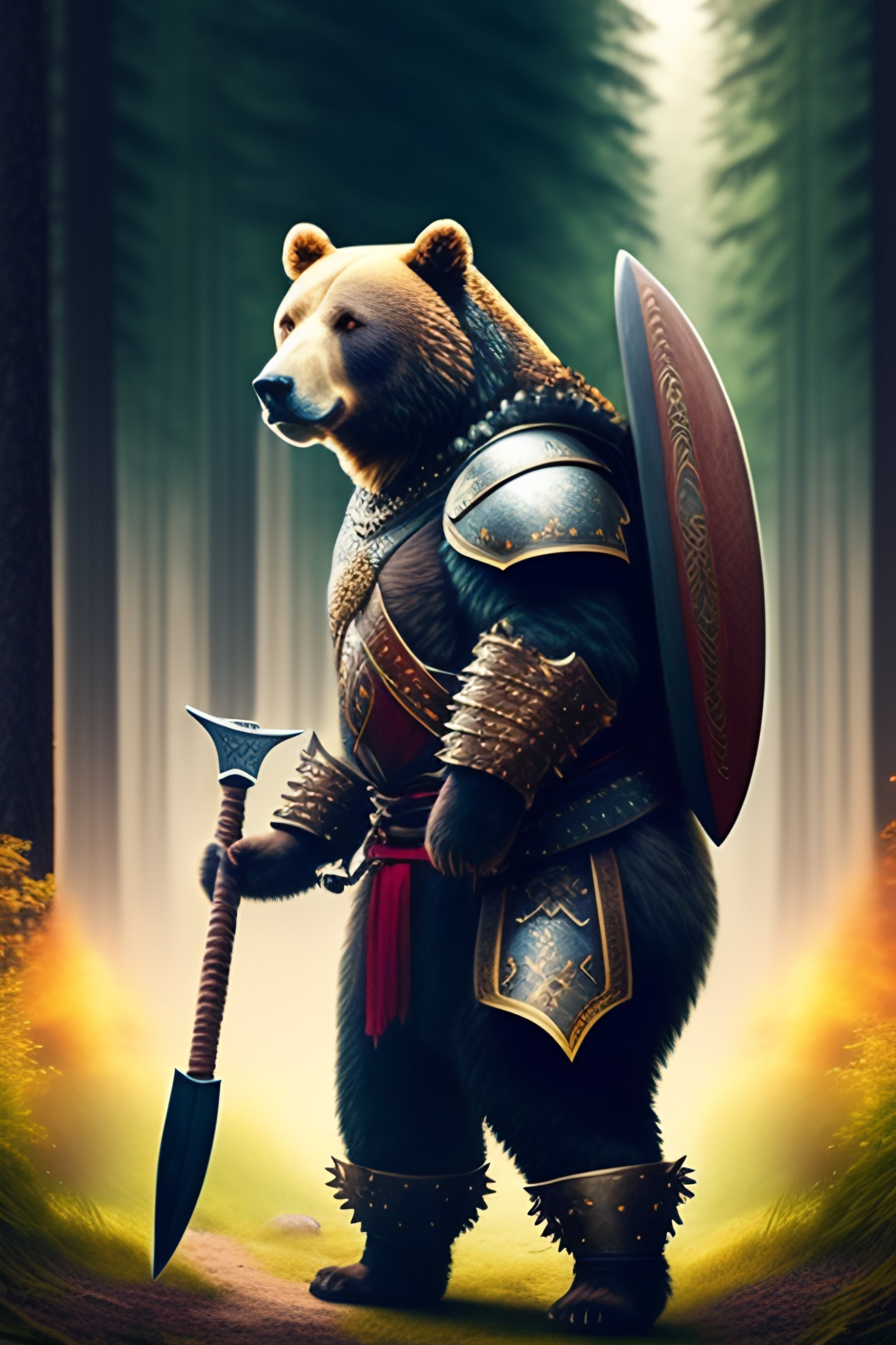 Lexica - A warrior bear with armour and an axe in the forest standing