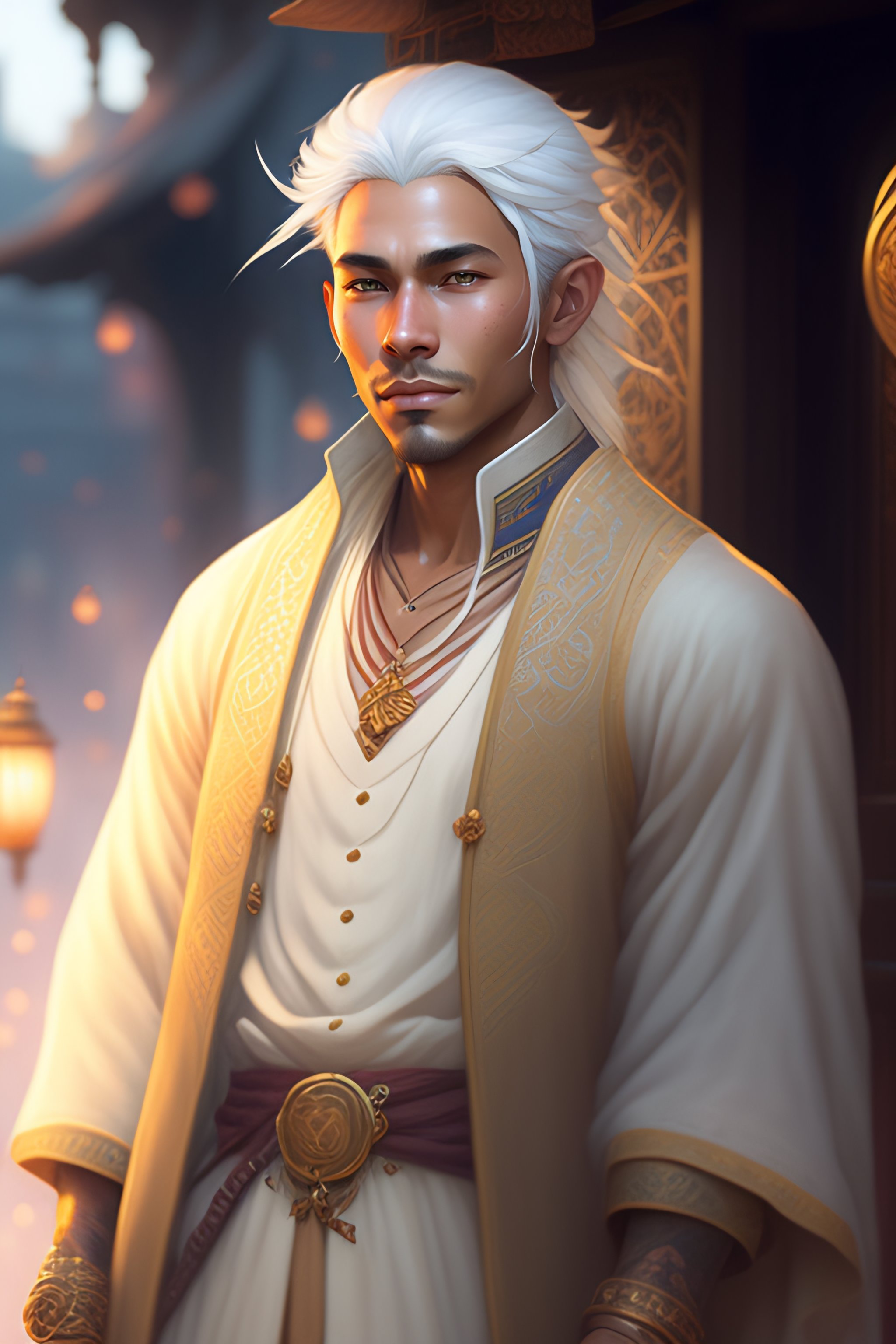 Lexica - Highly detailed young male medicine seller, medium white hair ...