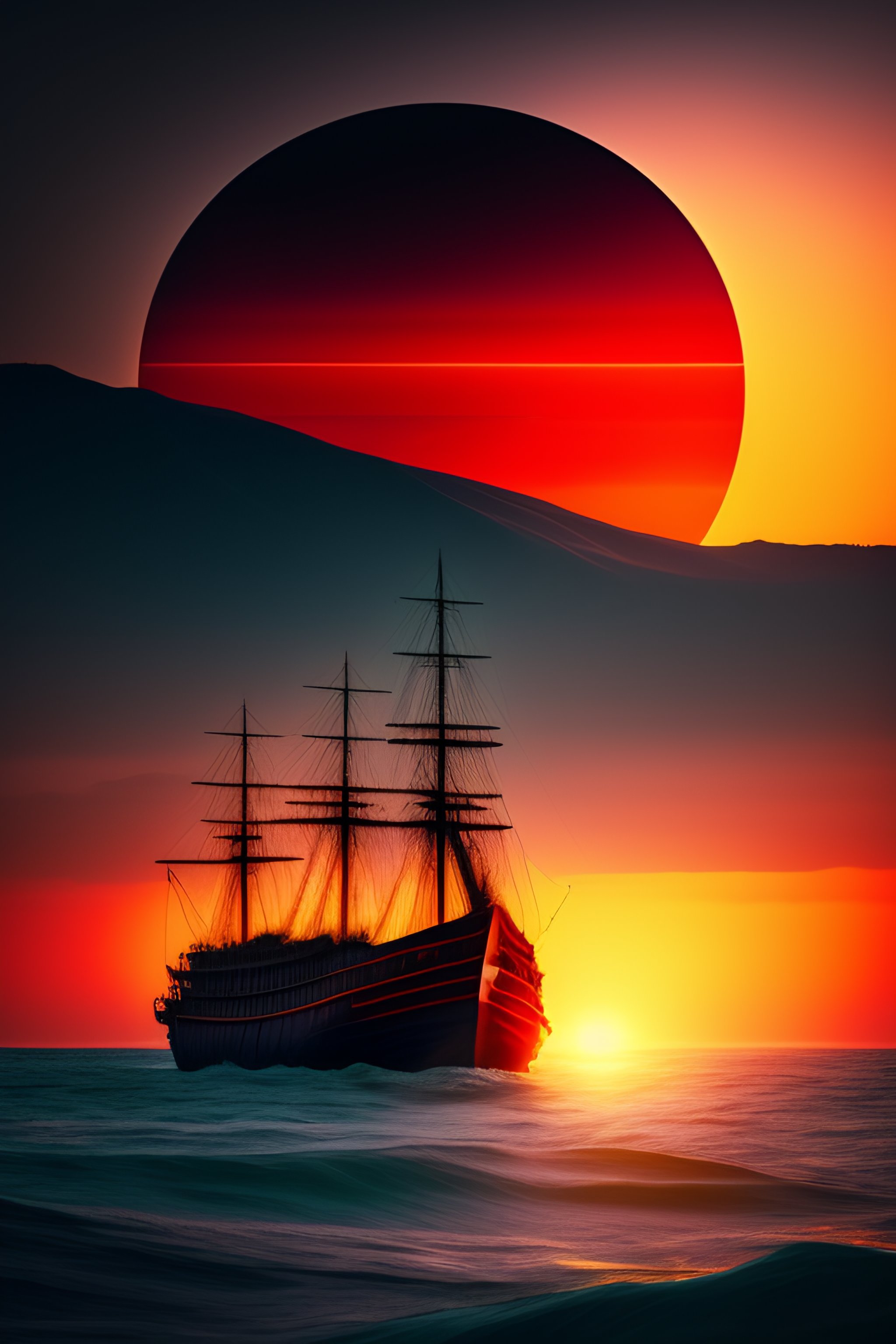 Lexica - Ghost ship on a rough, black sea with a red sun and an almost ...