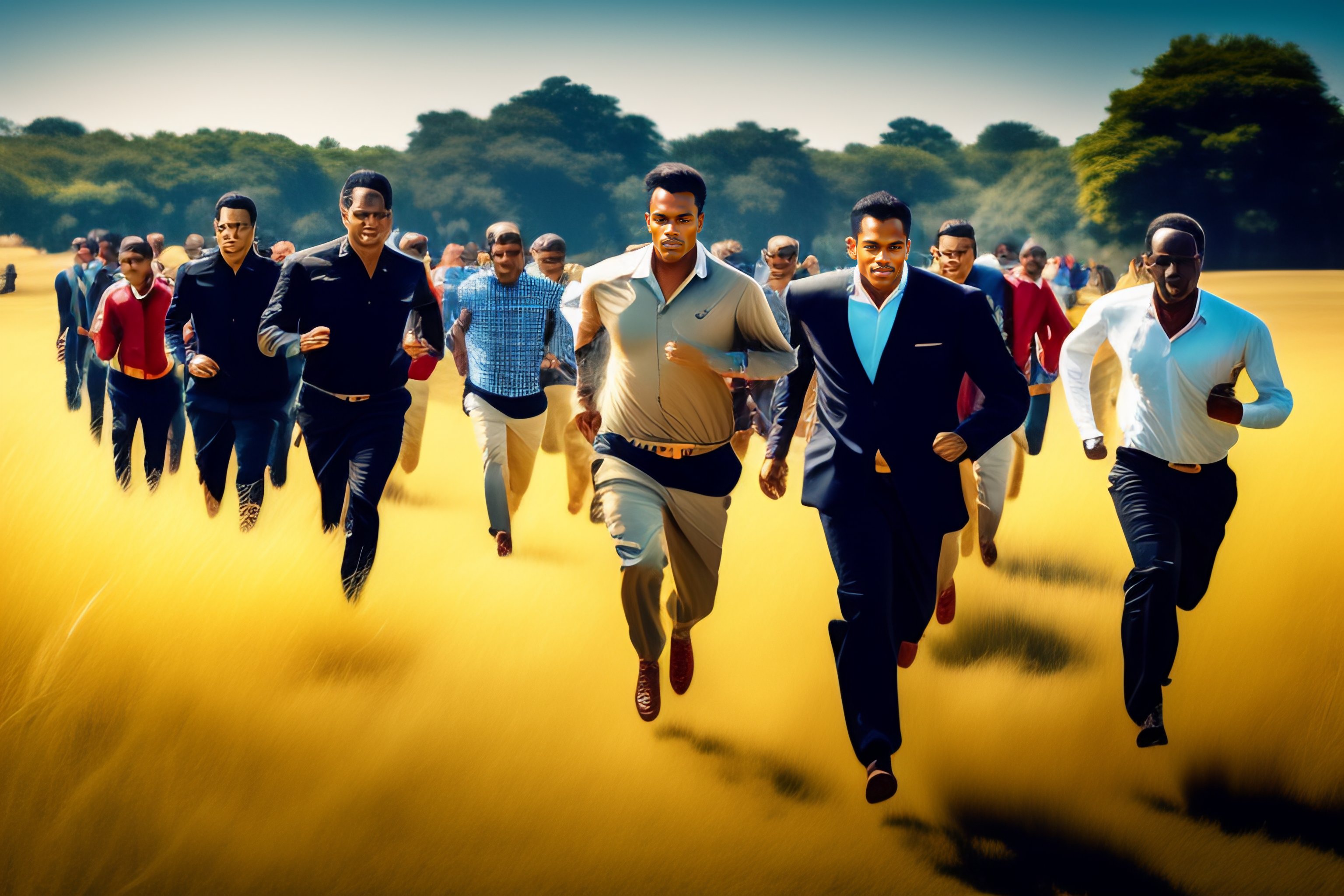 Lexica - Background full of men and wome chasing, front view, grass ...