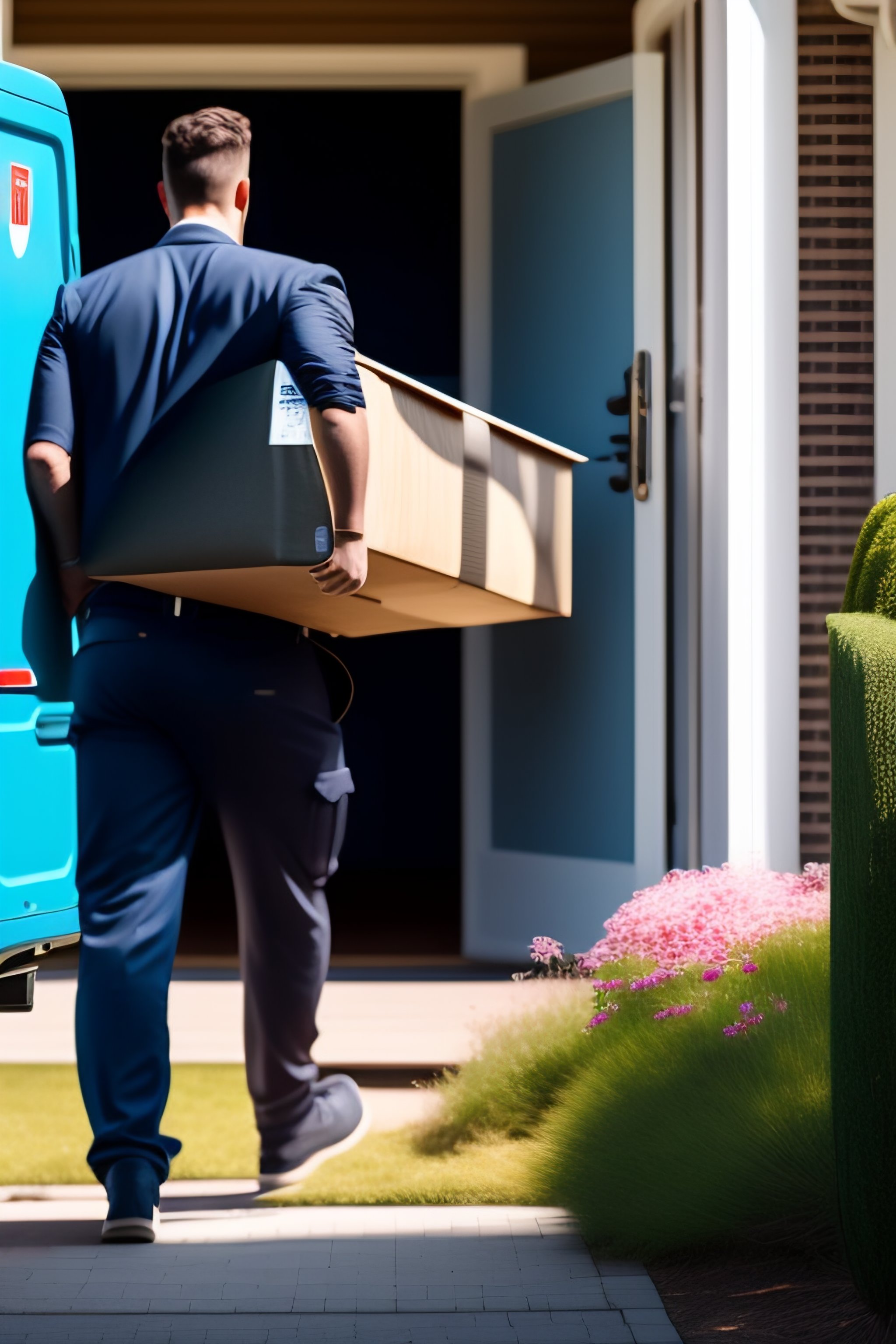 Lexica - Delivery van driver carrying a package to the doorstep of a ...