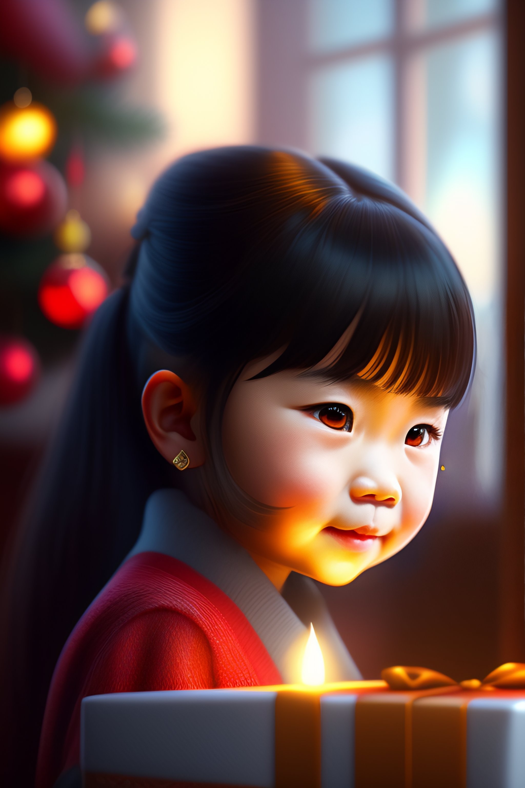 Lexica - A little asian girl is happily opening a present on Christmas ...