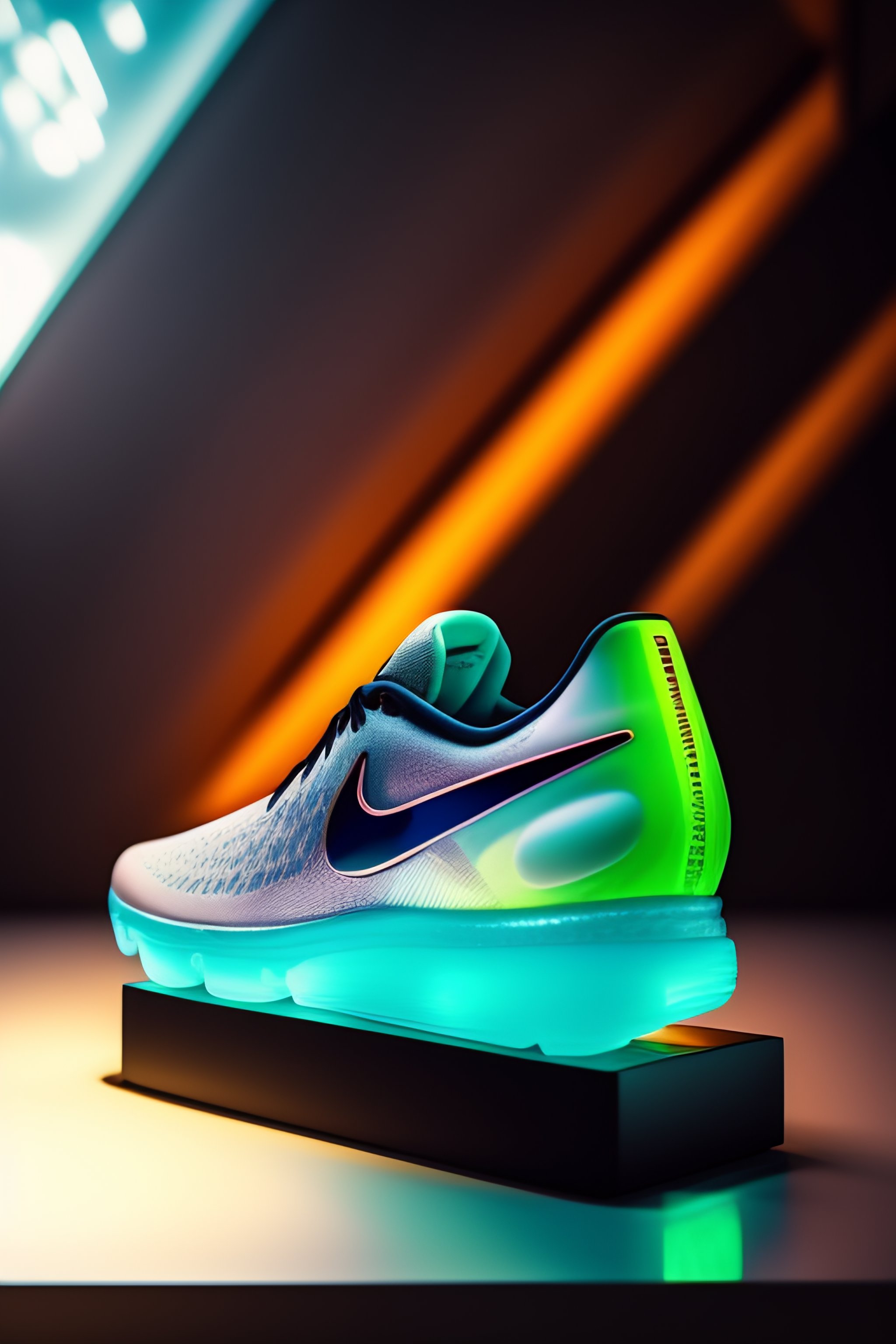 Lexica - Modern nike shoe made out of glass, sitting on a podium